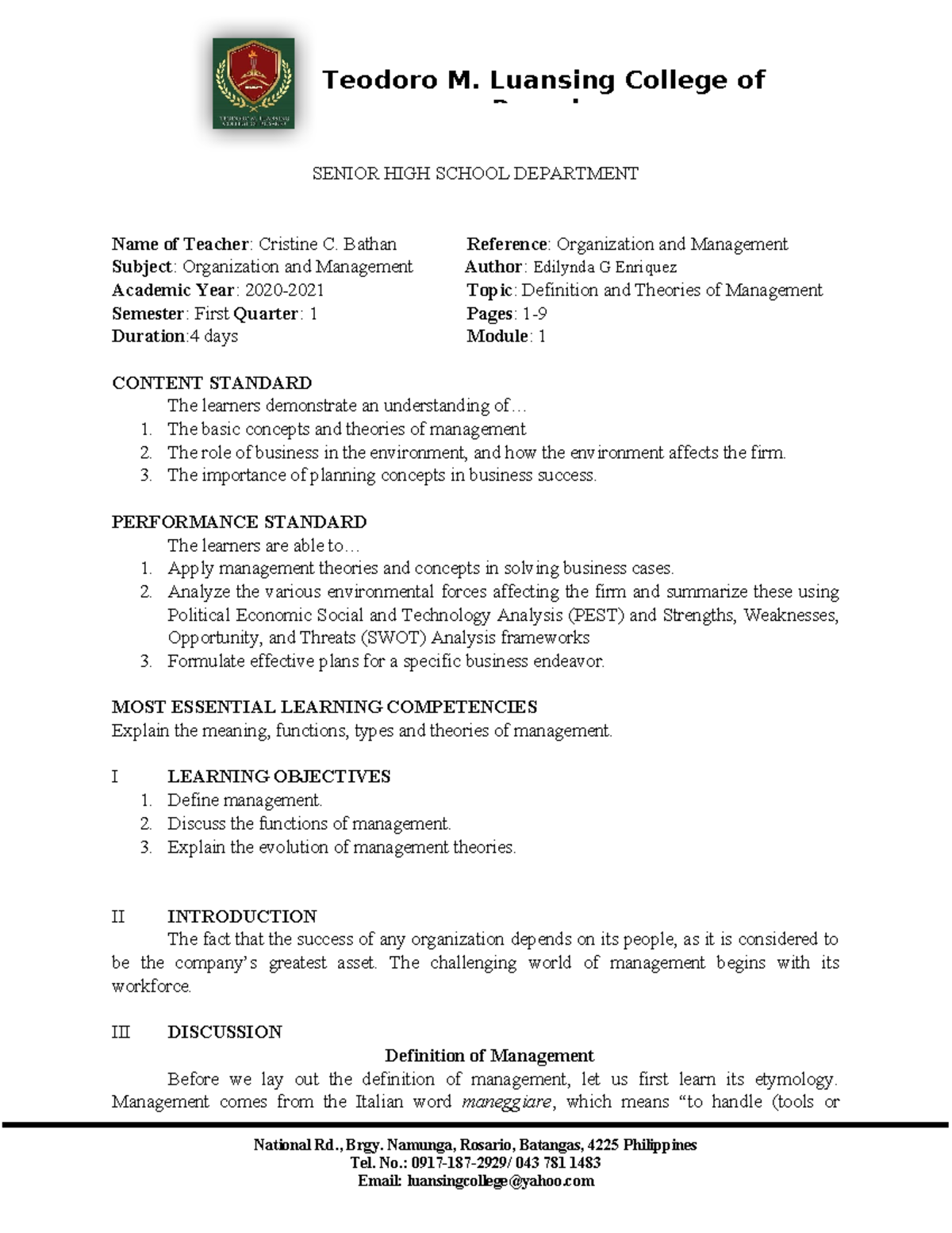 Module 1 - Organization and Management - Rosario SENIOR HIGH SCHOOL ...