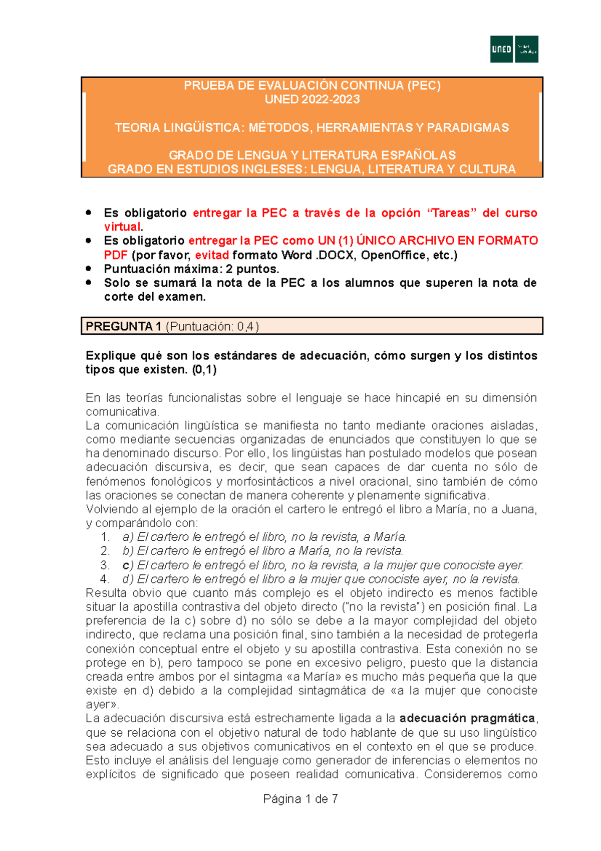 PEC 2022-2023 - práctica - Teoría Lingüística. Métodos Herramientas y Paradigmas - Studocu