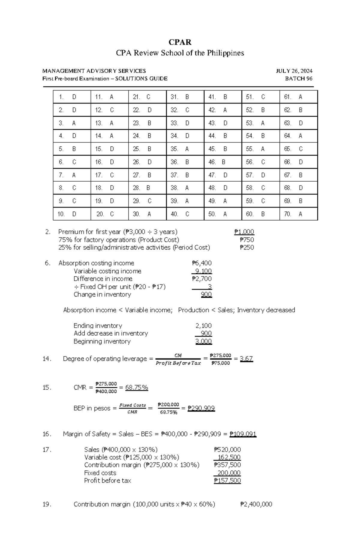 B96 MAS Reviewer - CPAR CPA Review School of the Philippines MANAGEMENT ...
