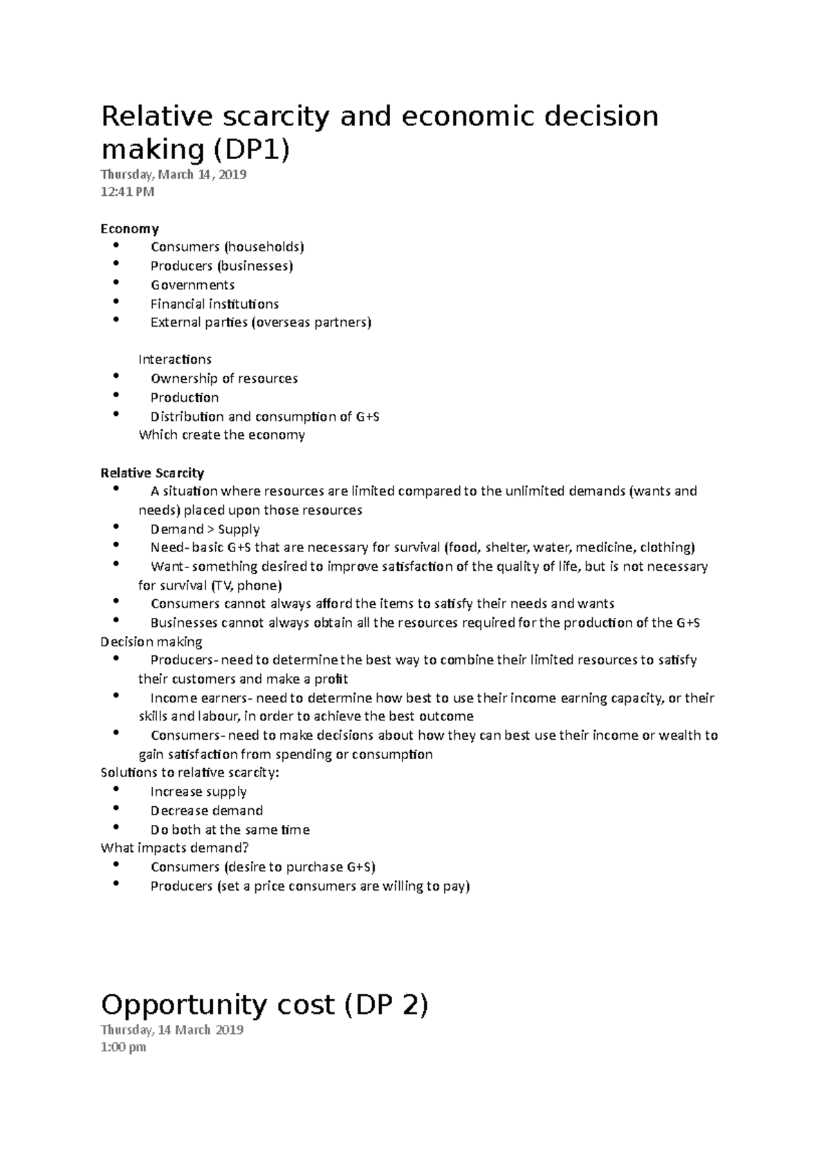 Economics notes- U1 AOS 1 - Relative scarcity and economic decision ...