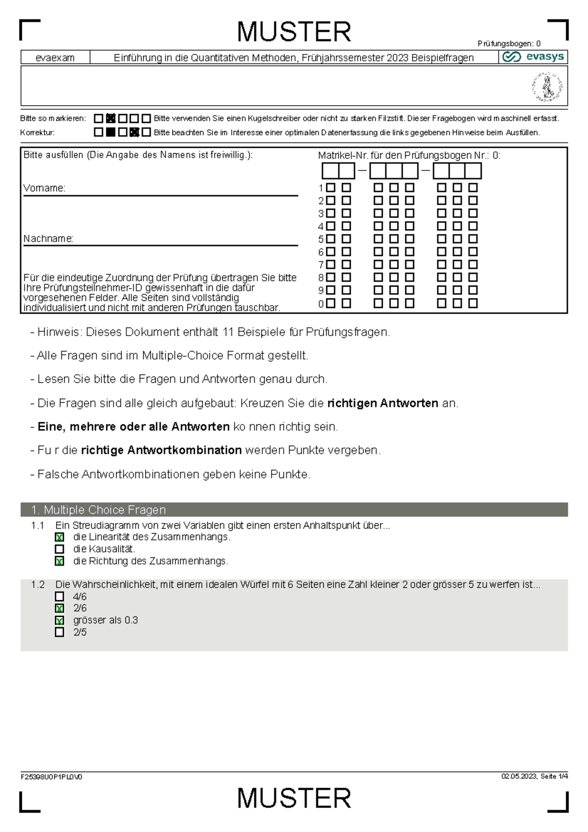 Pruefungsfragen Beispiele Loesungen - F25398U0P1PL0V0 02.05, Seite 1/ Prüfungsbogen: 0 evaexam ...