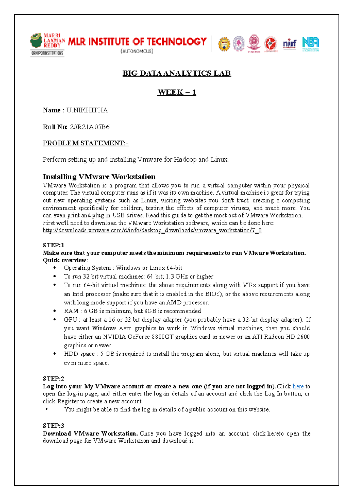 5B6 BDA Week-1 - BIG DATA ANALYTICS LAB WEEK – 1 Name : U Roll No: 20R21A05B PROBLEM STATEMENT ...