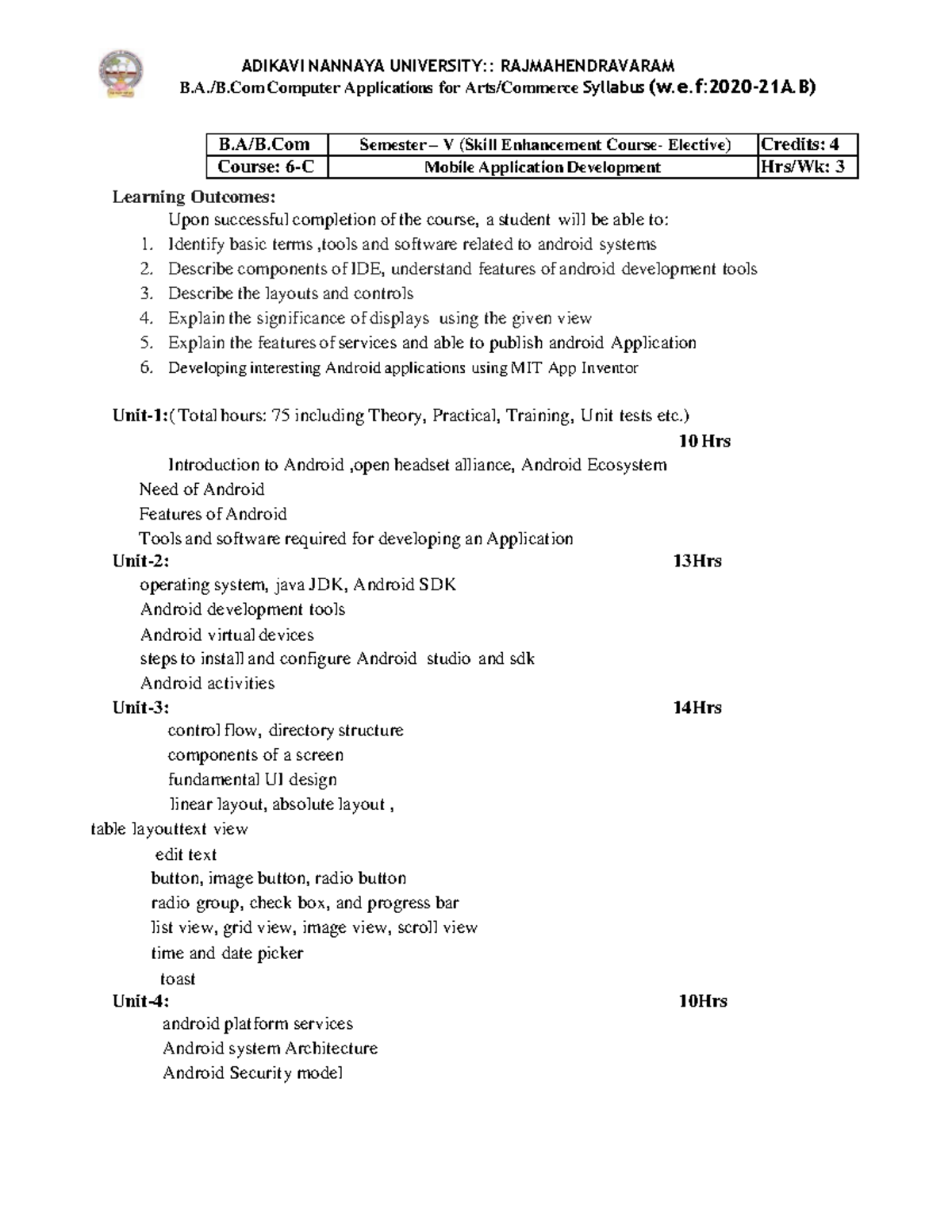 B. Com (CA) Syllabus Mobile Application Development - ADIKAVI NANNAYA ...