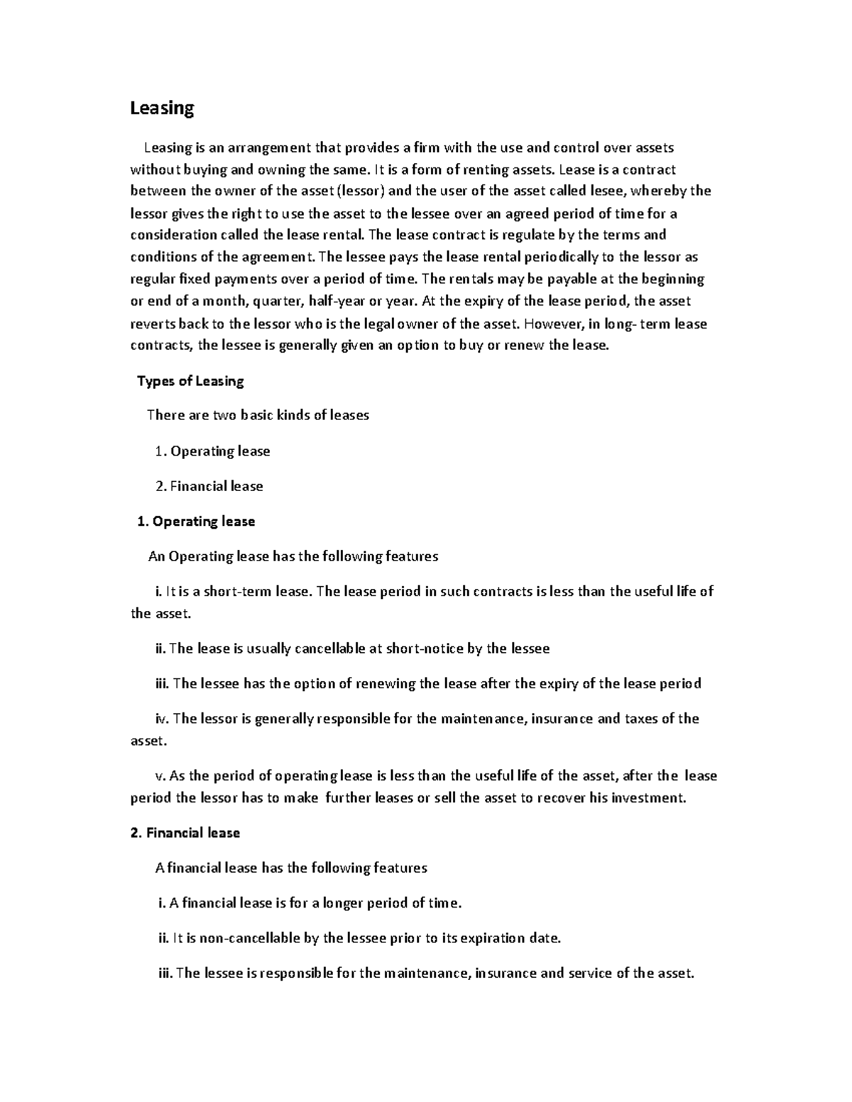 Leasing notes-1 - Leasing Leasing is an arrangement that provides a ...