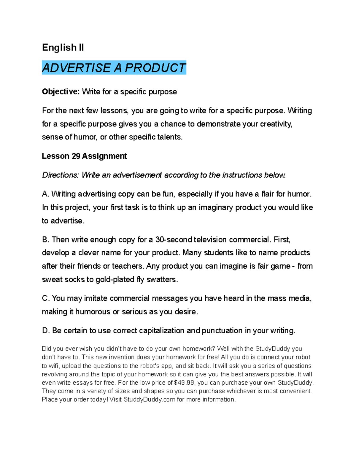 English II-Advertisement 1 - English II ADVERTISE A PRODUCT Objective ...