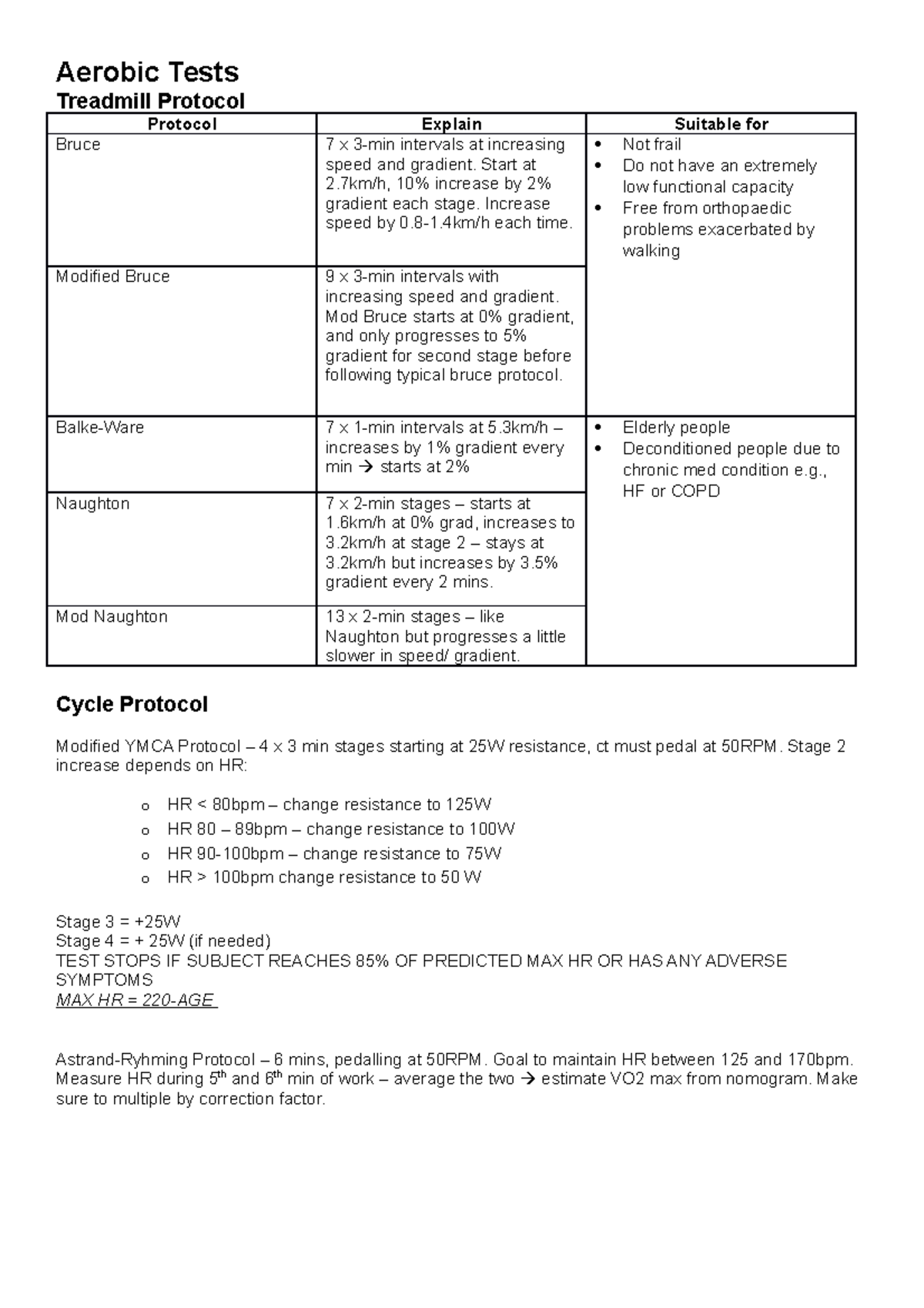 Tests - Testing protocols - Aerobic Tests Treadmill Protocol Protocol ...