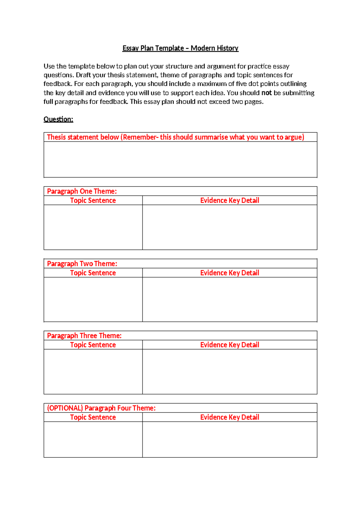 MODERN Essay Plan Template - Essay Plan Template – Modern History Use ...
