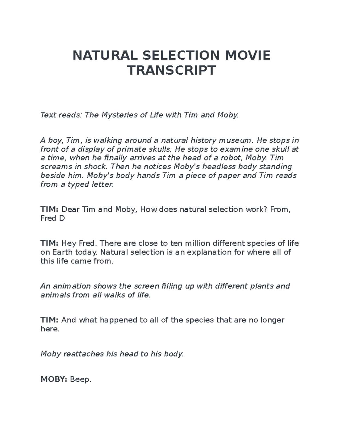 Natural Selection Movie Transcript - NATURAL SELECTION MOVIE TRANSCRIPT ...