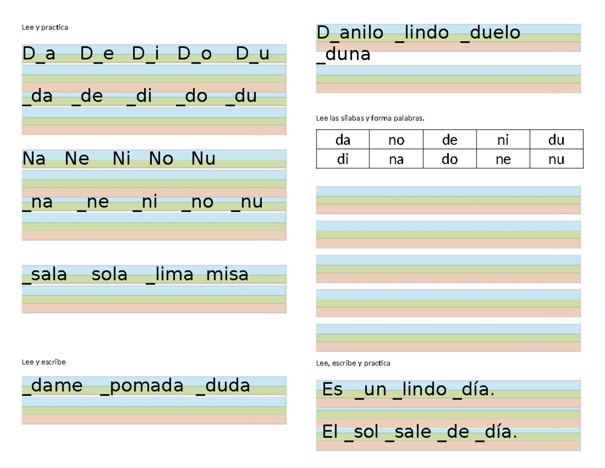 Escritura D y N - Inicio letras D y N - Lee y practica D_a D_e D_i D_o D_u _da _de _di _do _du ...