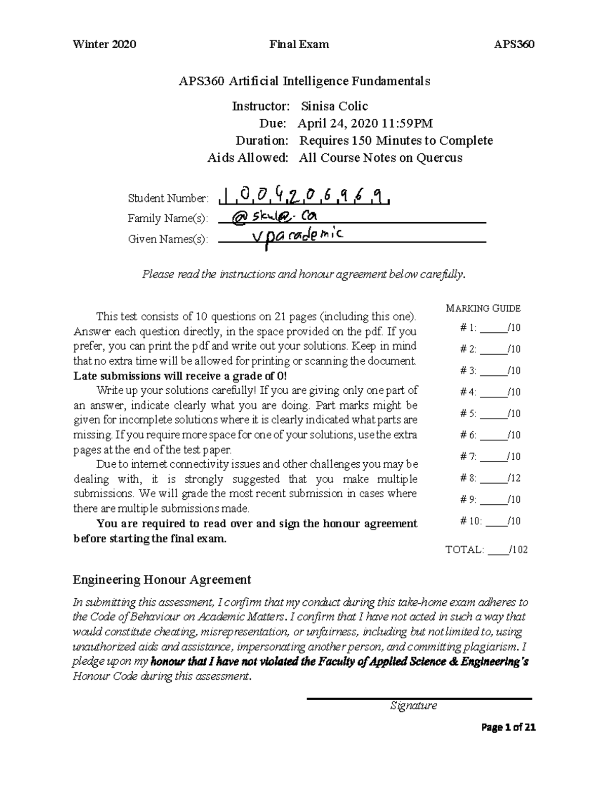 APS360 H1S 2020 Artificialintelligencefundamentals E - APS360 Artificial Intelligence ...