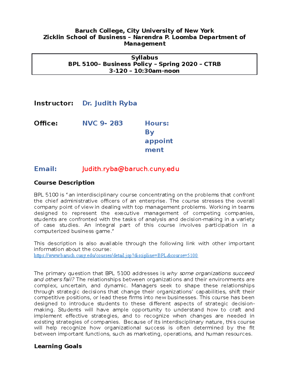 Syllabus CTRB - Baruch College, City University of New York Zicklin ...