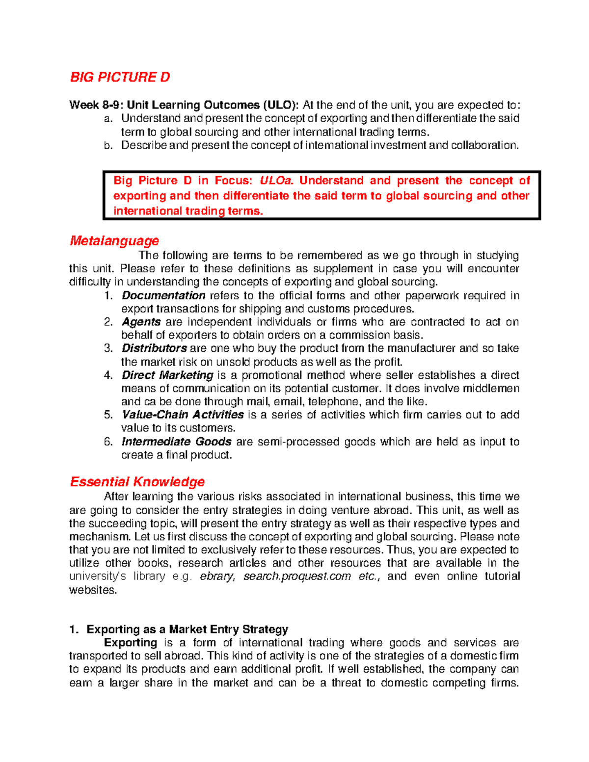 BIG Picture D ULO A week 8 9 - BIG PICTURE D Week 8 - 9 : Unit Learning ...