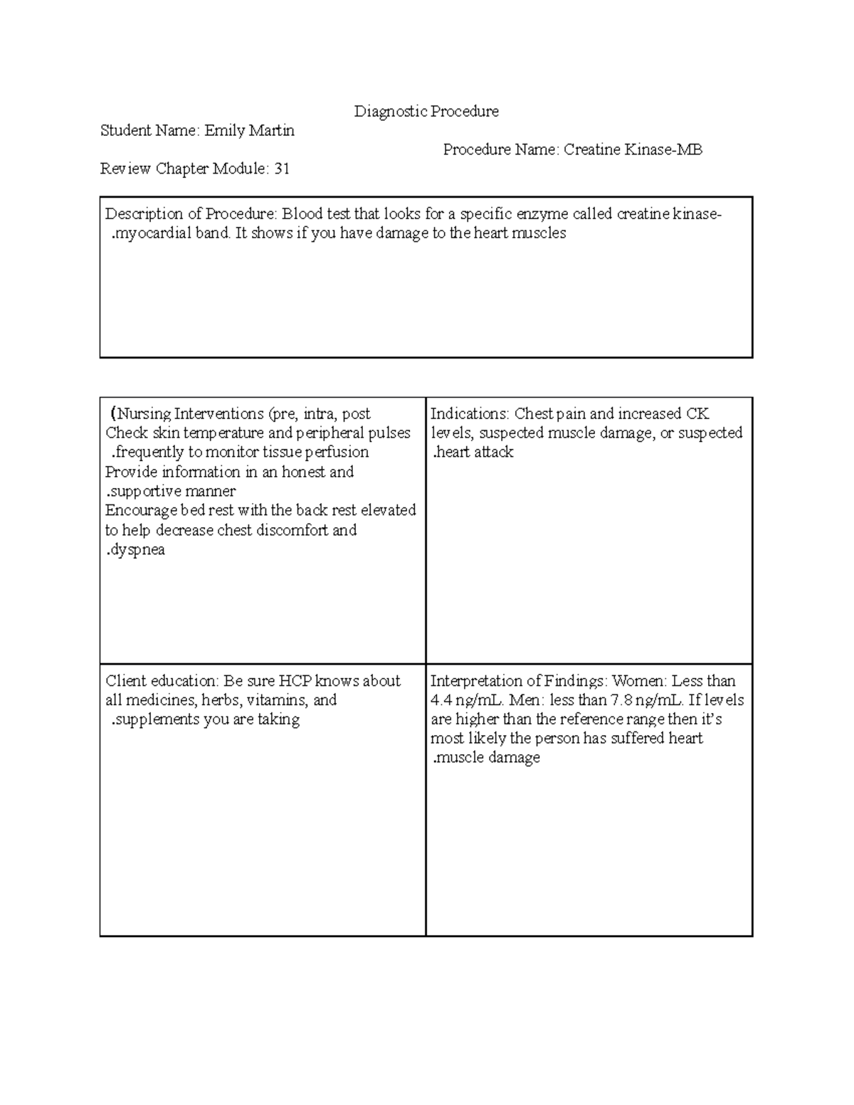 Creatine Kinase-MB - Diagnostic Procedure Student Name: Emily Martin Procedure Name: Creatine ...