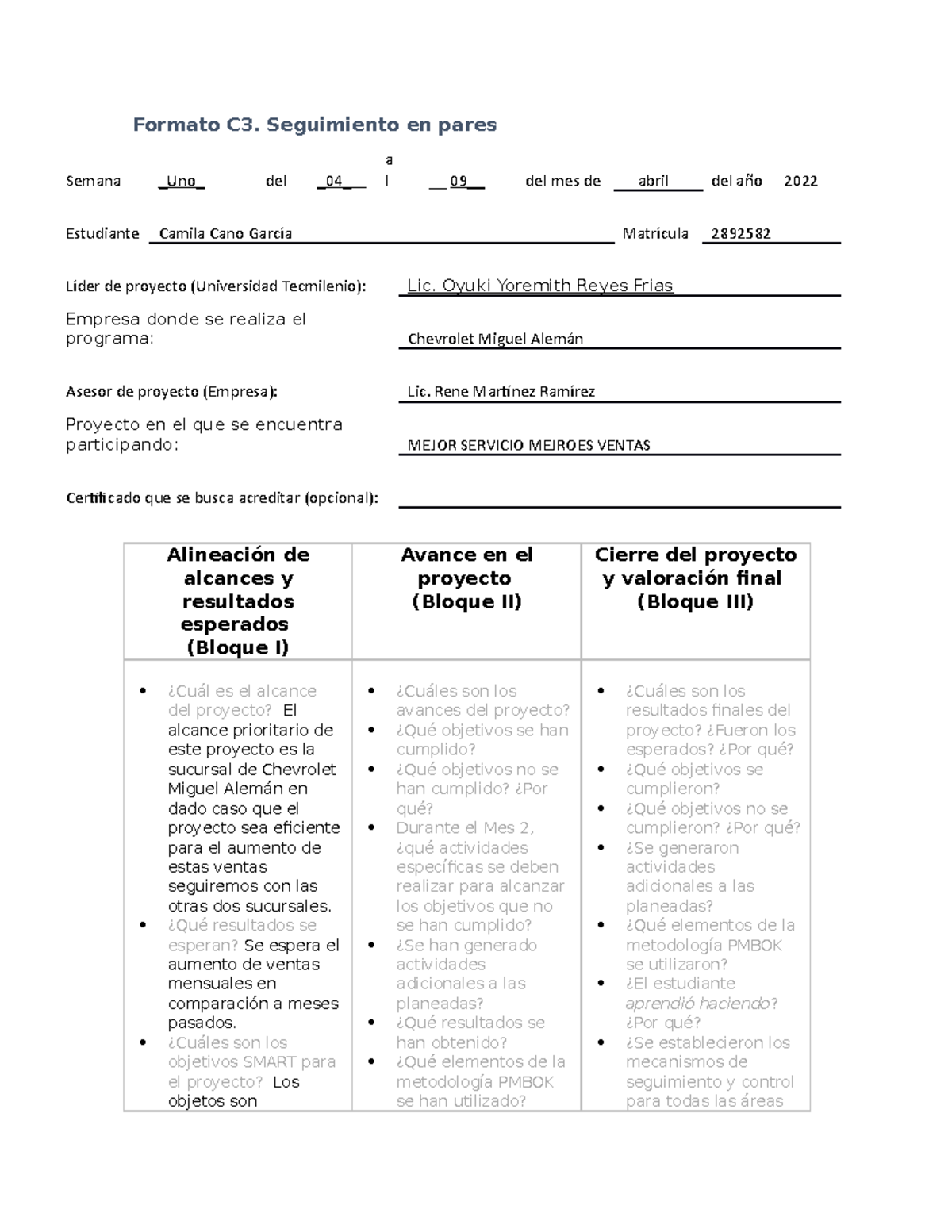 Formato C 3 Actividad 2 - Formato C3. Seguimiento en pares Semana Uno ...