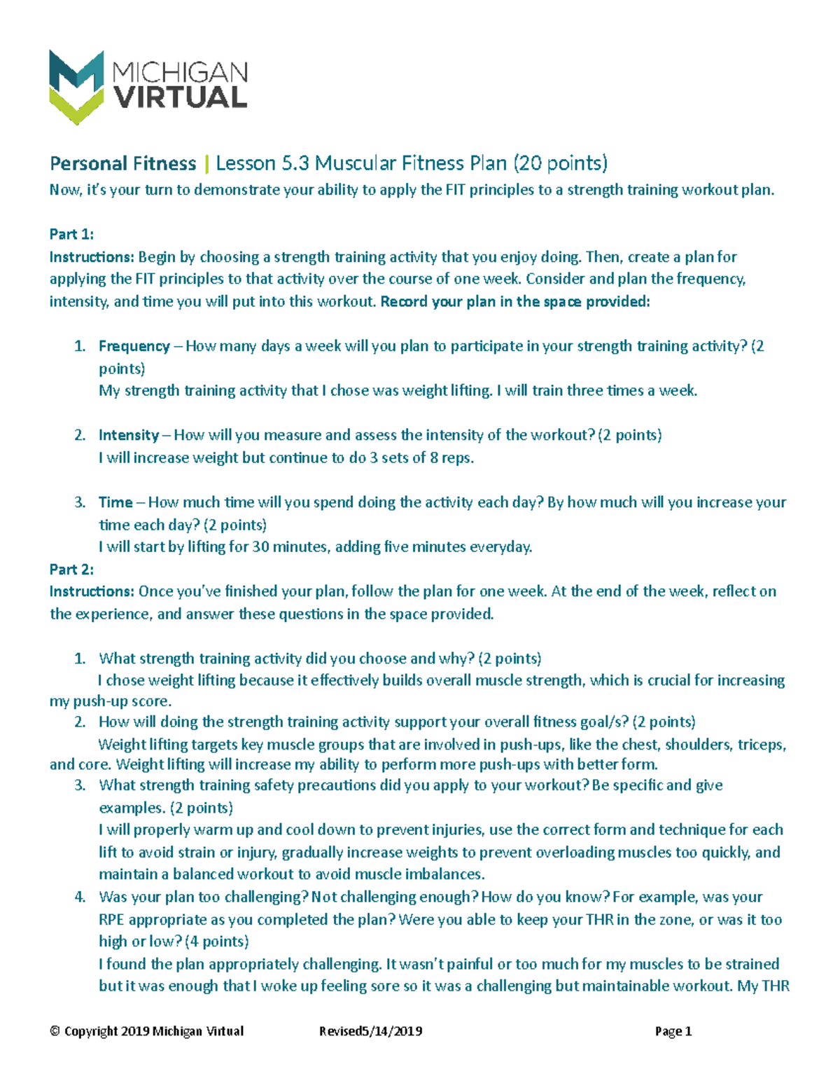 5.3Muscular Fitness Plan completed - Personal Fitness | Lesson 5 ...