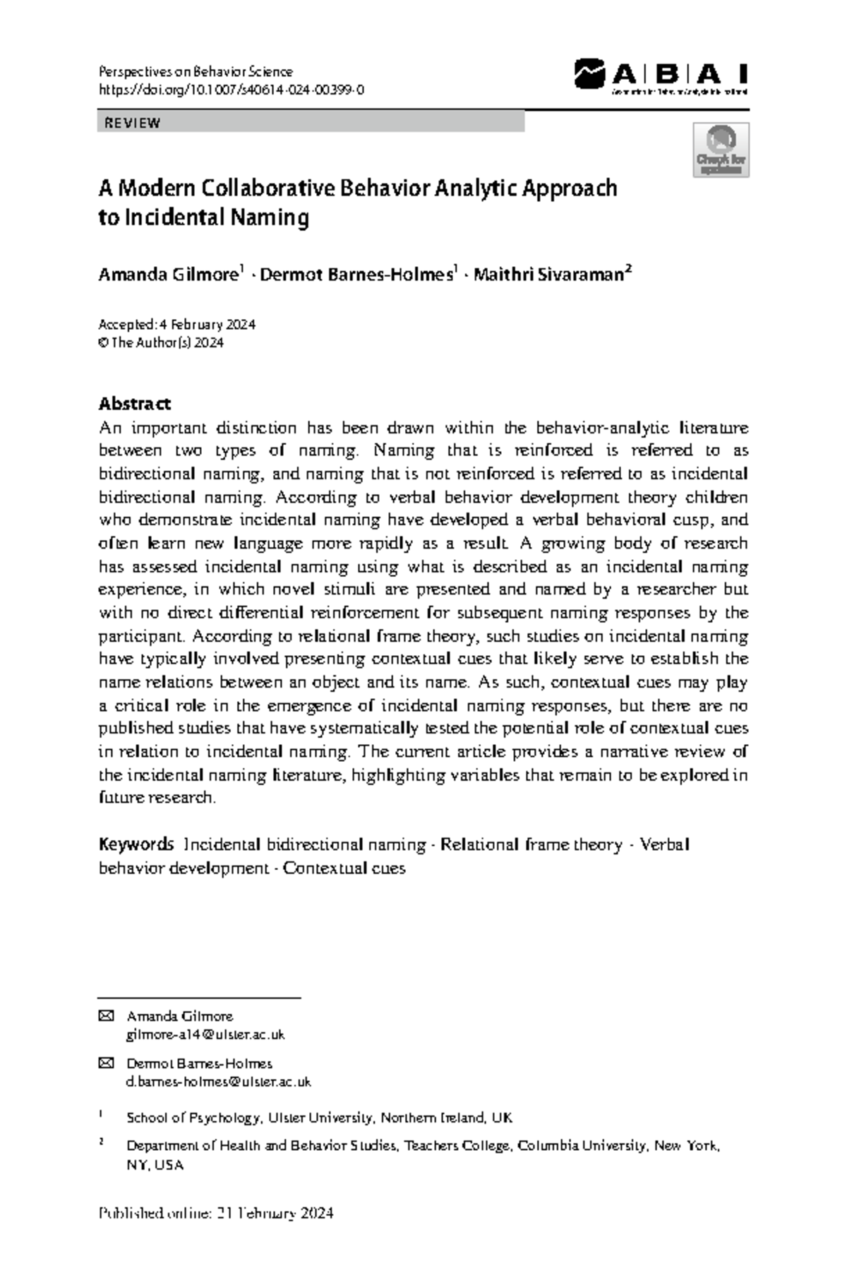 A modern collaborative behavior analytic approach to incidental naming - Vol.:(0123456789) - Studocu