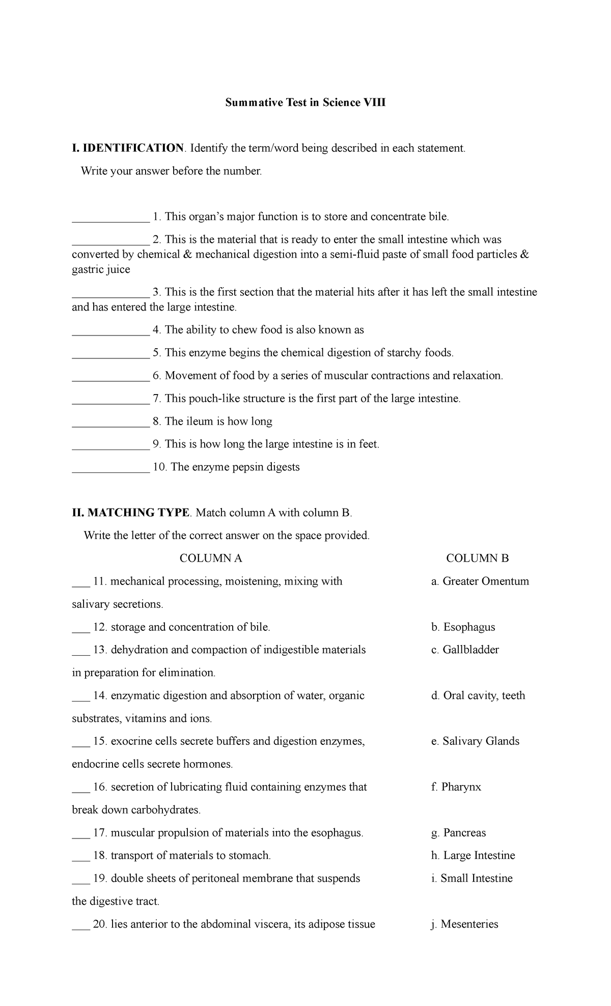 Summative Test - A - gtrgr - Summative Test in Science VIII I ...