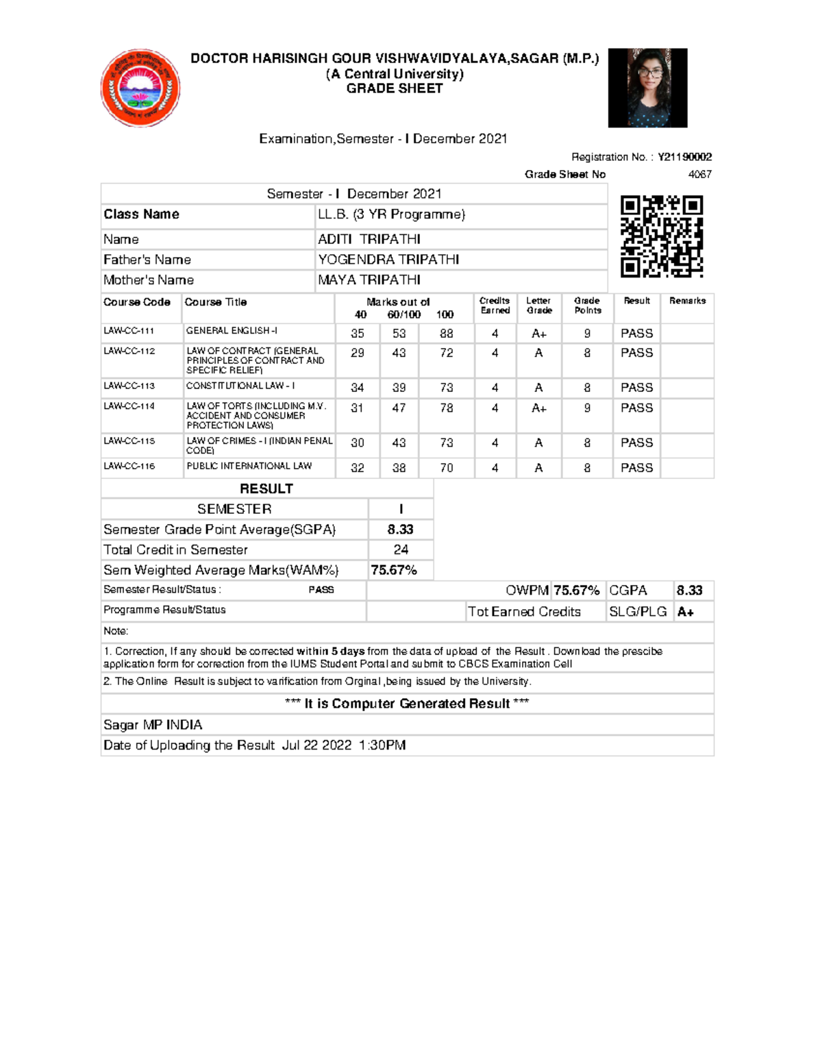 EXAM Gradesheet Mamscmcom Report - DOCTOR HARISINGH GOUR ...