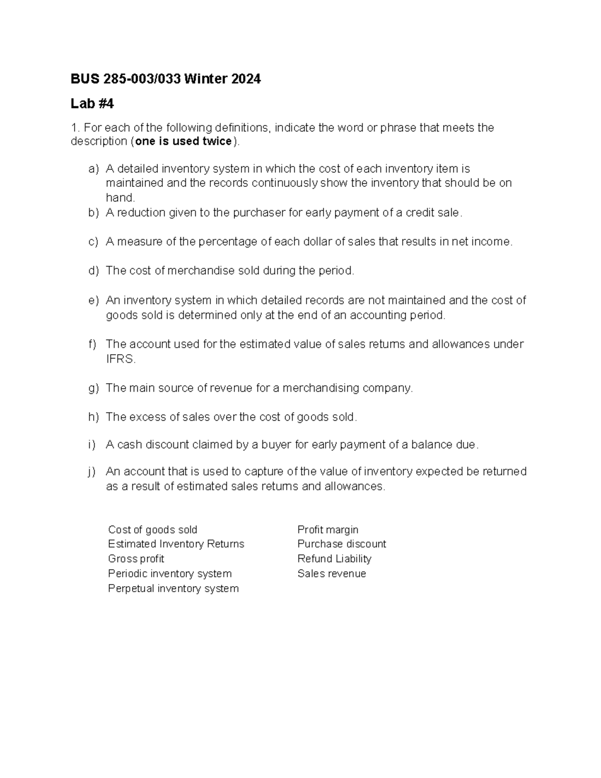 BUS 285 Lab 4 - Lecture notes - BUS 285-003/033 Winter 2024 Lab 1. For ...