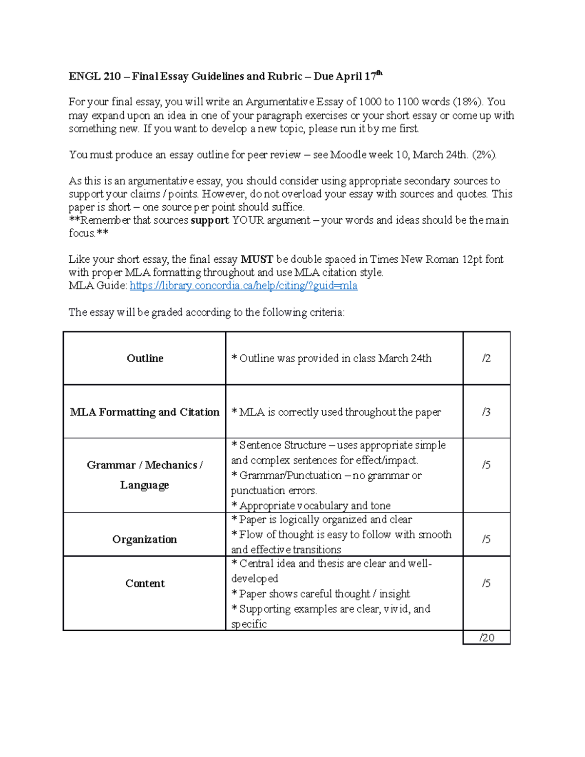 Final Essay Guidelines and Rubric - You may expand upon an idea in one ...
