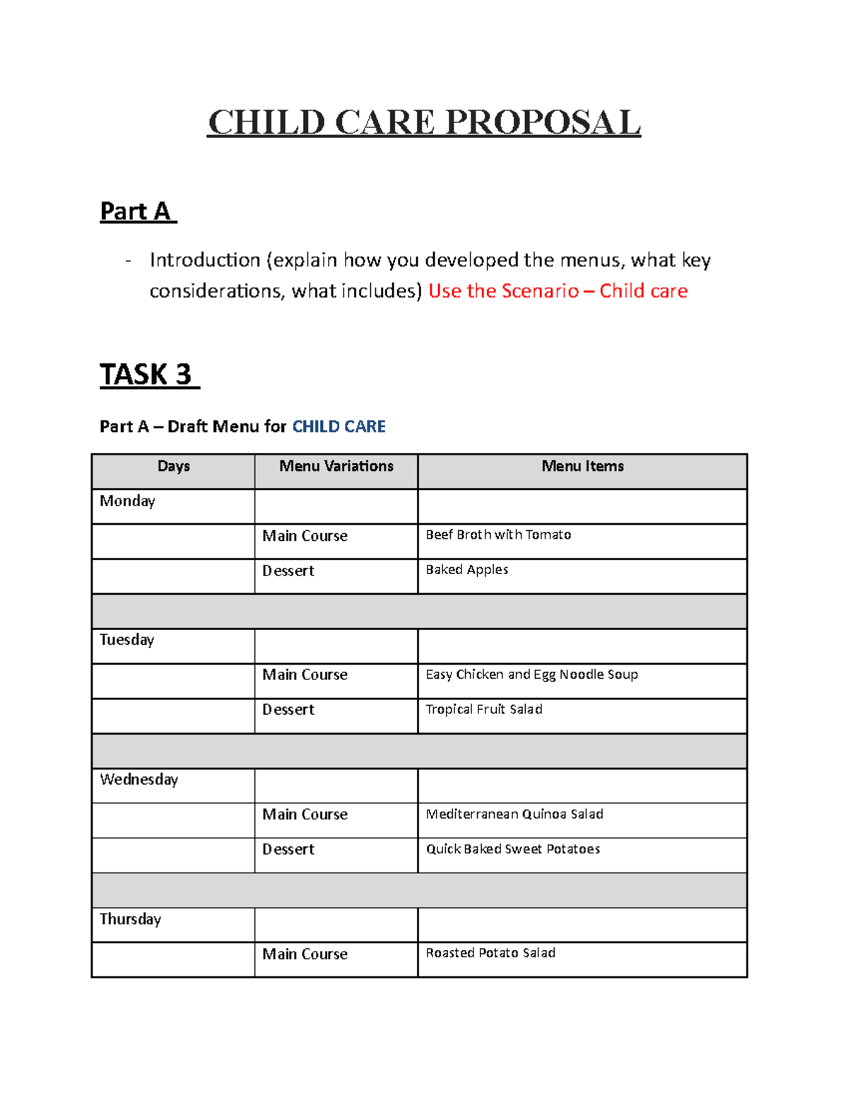 Child CARE Proposal - Revise - CHILD CARE PROPOSAL Part A Introduction ...