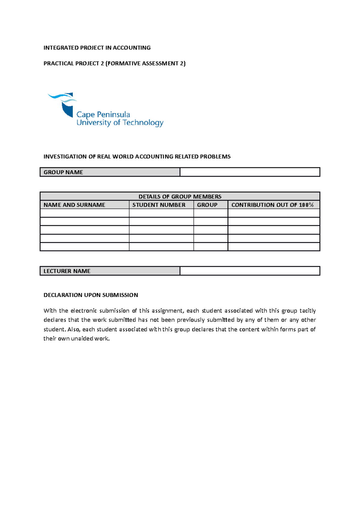 Updated Practical Project 2 Template - INTEGRATED PROJECT IN ACCOUNTING ...