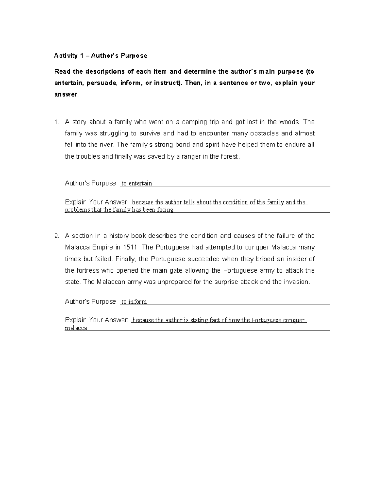 1. Author s Purpose (Exercises) - Activity 1 – Author’s Purpose Read ...
