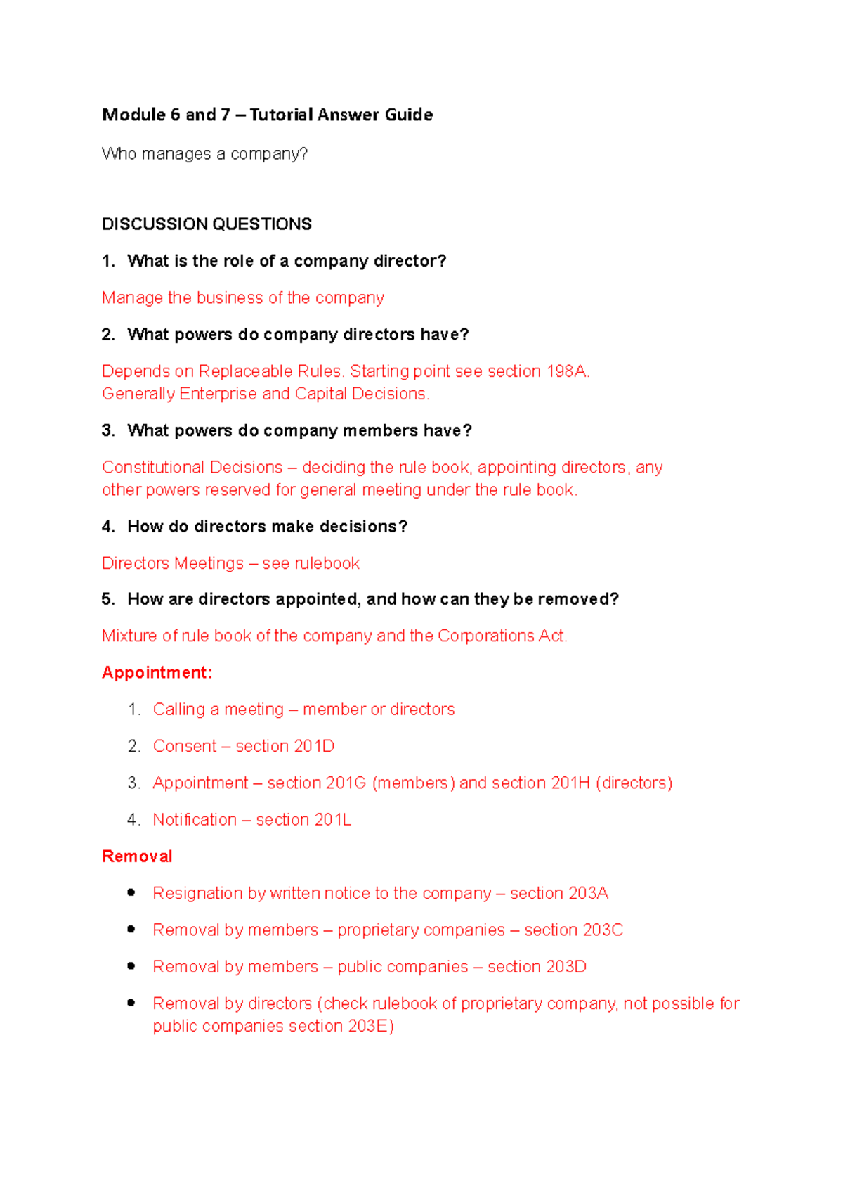 Module 6 7 - Company Law - Tutorial Answer Guide - Module 6 and 7 ...