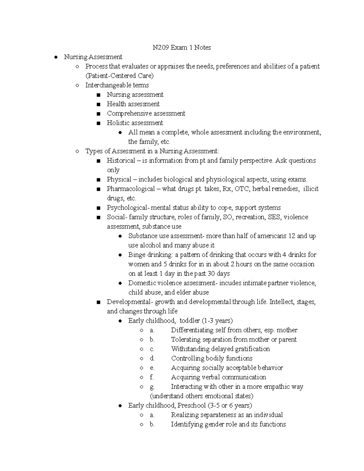N209 Exam 1 Notes - N209 Exam 1 Notes Nursing Assessment Process that ...