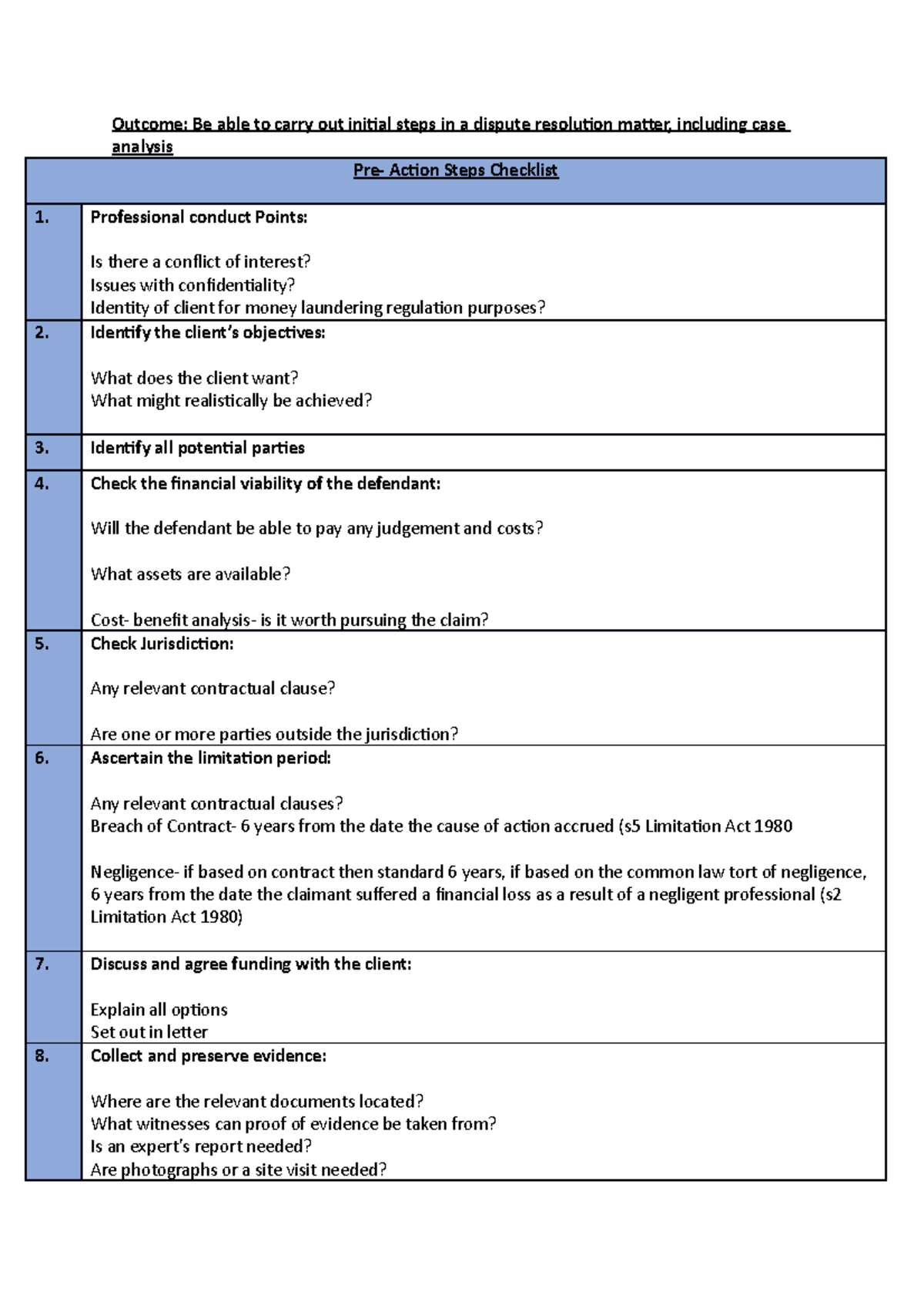 Unit 1- Pre- action steps: case analysis Revision - Outcome: Be able to ...