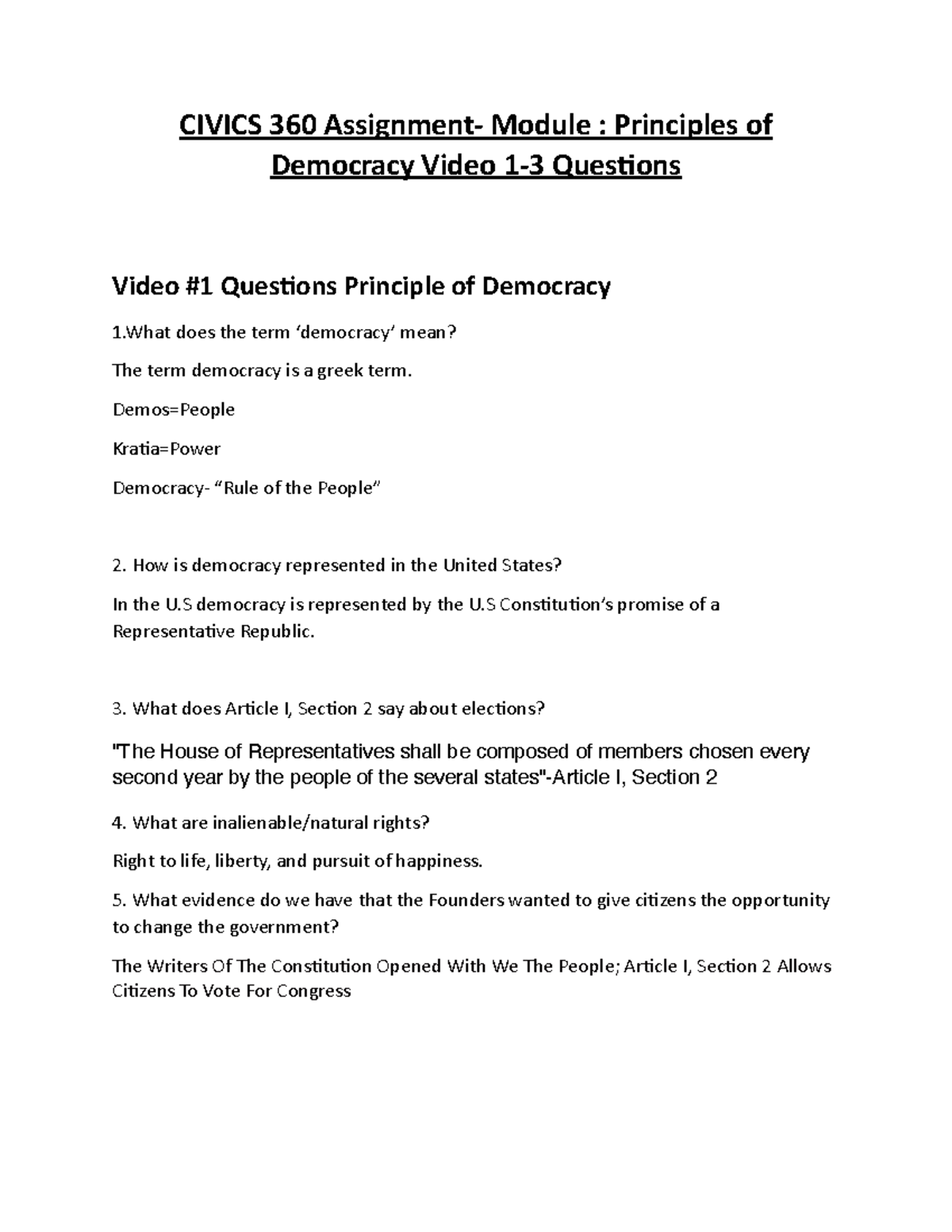 Civics 360 Assignment Module Principles of Democracy Video 1-3 ...
