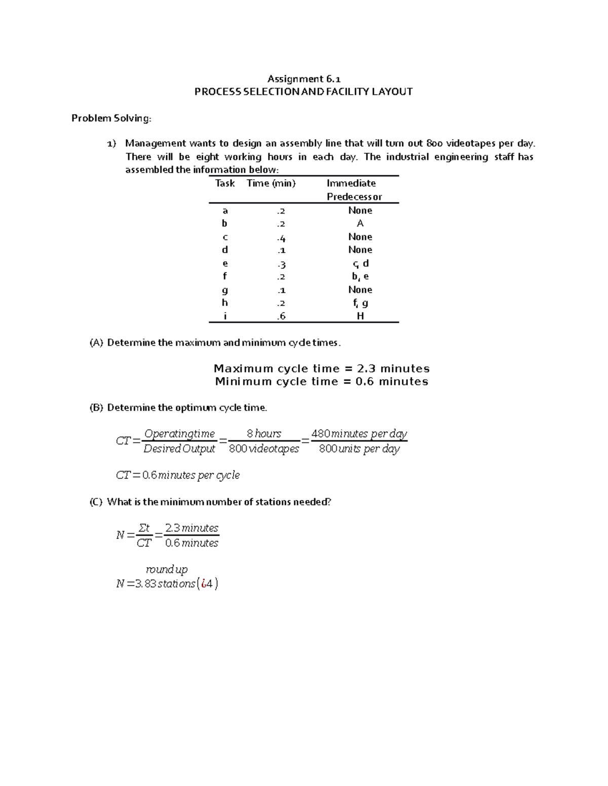 Process Selection and Facility lay out - Assignment 6. PROCESS ...