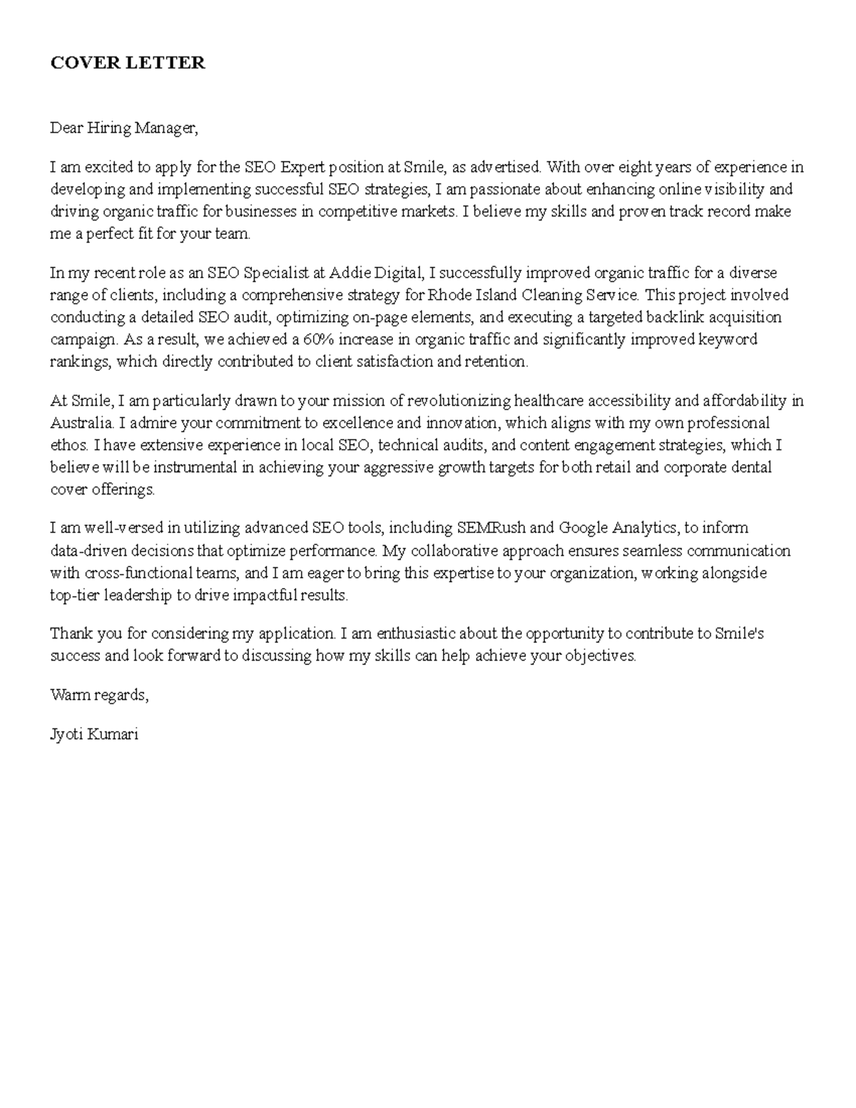 Cover Letter - notes - COVER LETTER Dear Hiring Manager, I am excited ...