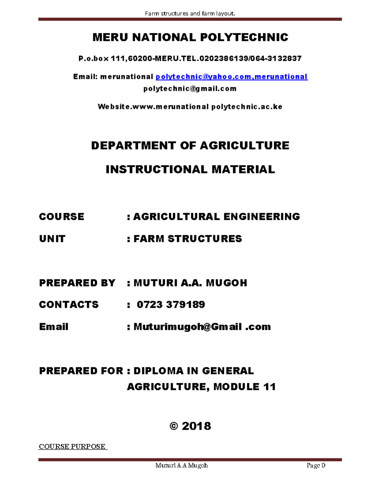 Agricultural Engineering - MERU NATIONAL POLYTECHNIC P.o 111,60200-MERU.TEL/064- Email ...