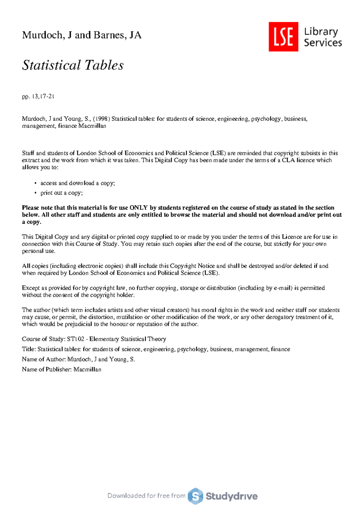 ST102 statistical tables - • • Murdoch, J and Barnes, JA Statistical ...