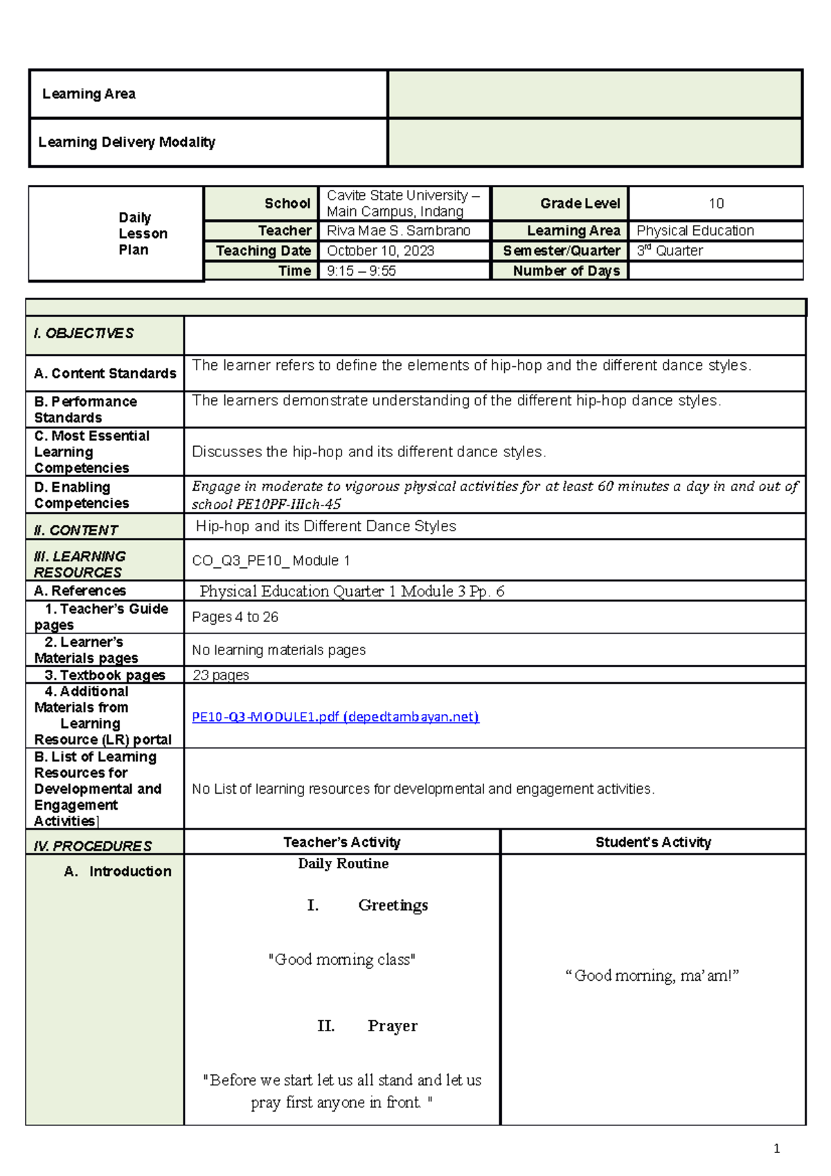 Dlppppp - LESSON PLAN - Learning Area Learning Delivery Modality Daily ...