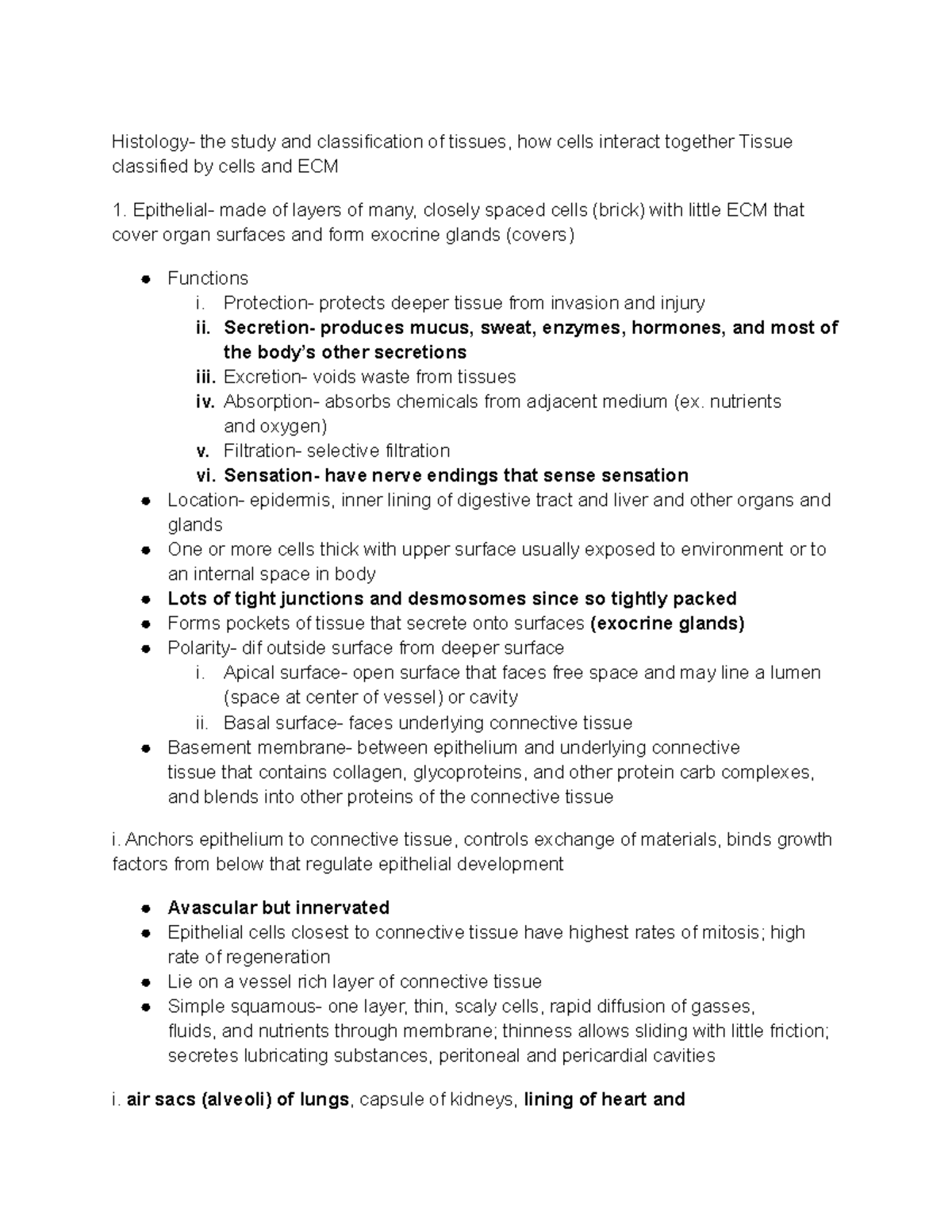 CBIO 2200 Exam 2 Notes - Histology- the study and classification of ...