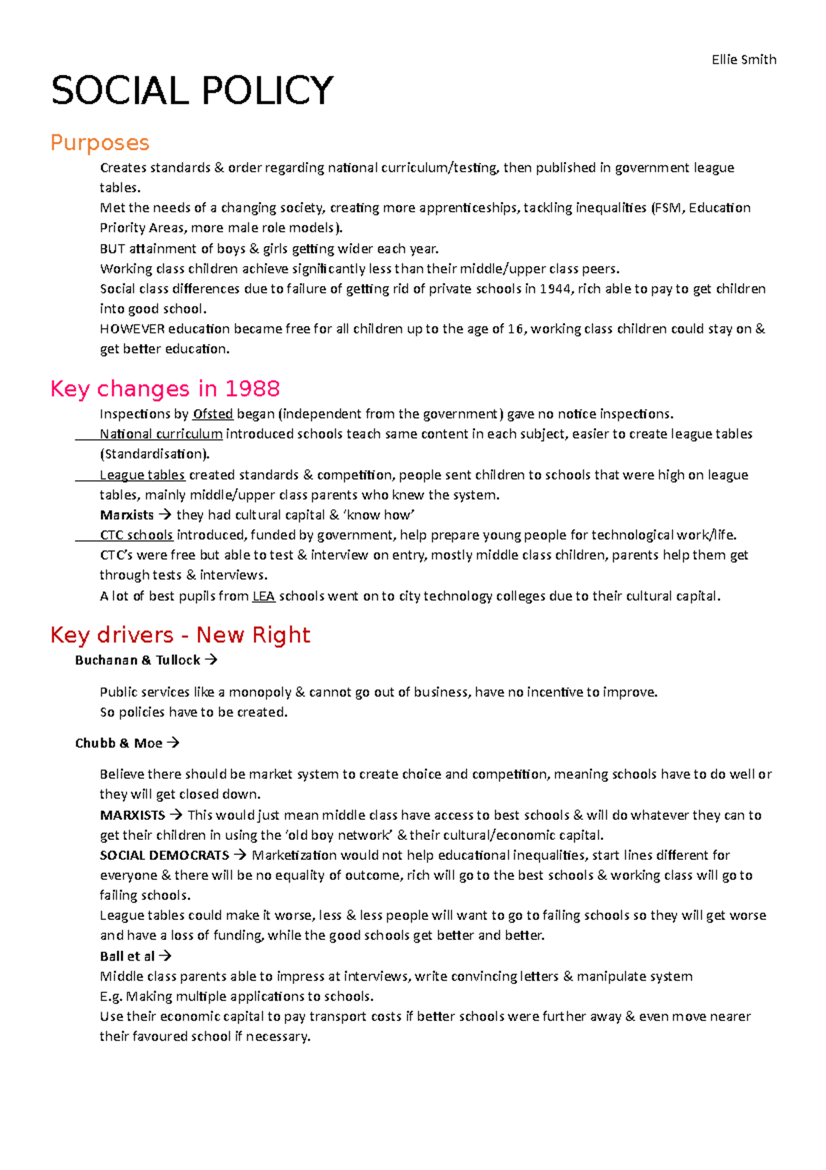 Social Policy - Summary Sociology - Ellie Smith SOCIAL POLICY Purposes ...