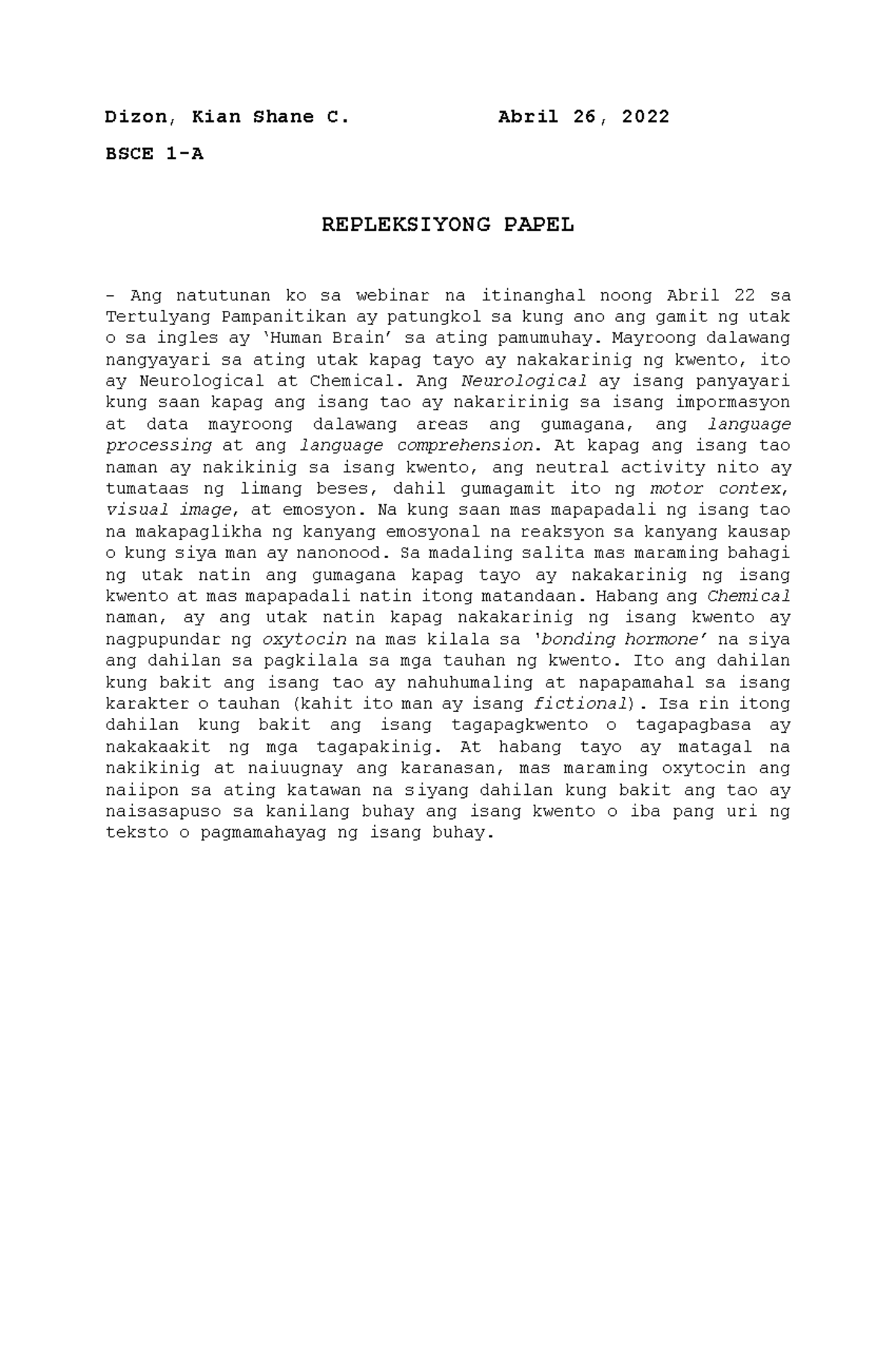 Repleksiyong Papel - Essay - Filipino essays - Dizon, Kian Shane C ...