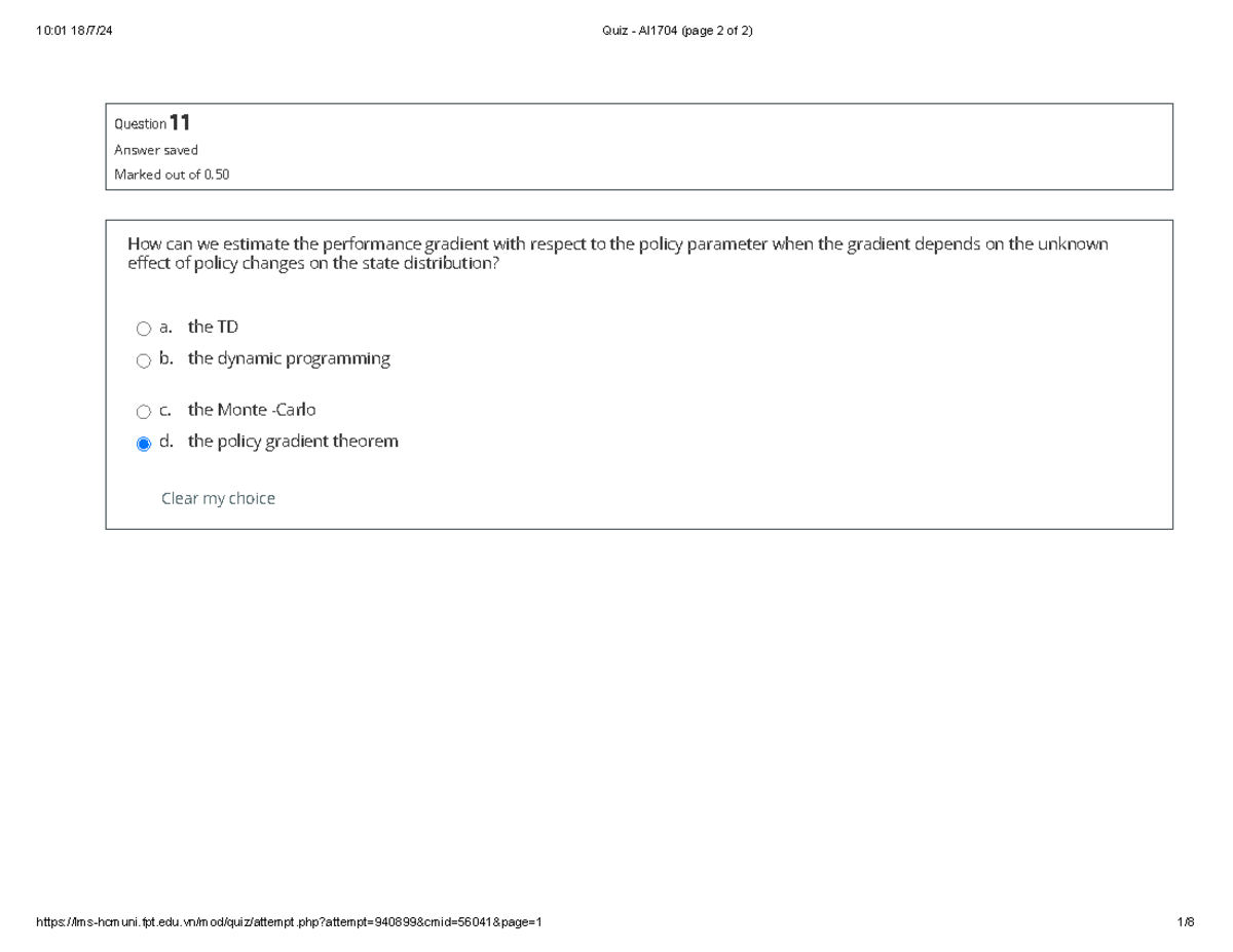 Quiz AI1704 page 2 of 2 - quiz - Question 11 Answer saved Marked out of ...