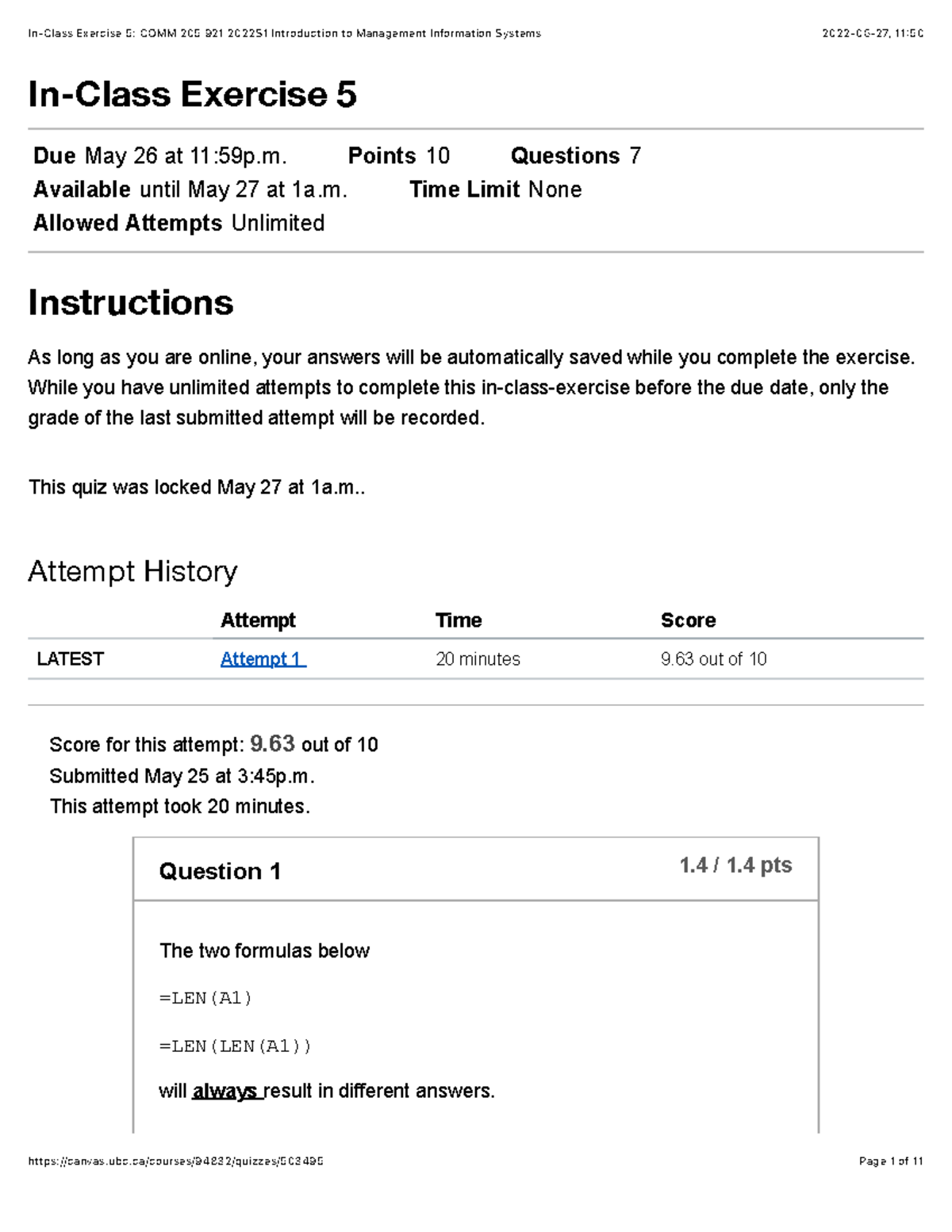 In-Class Exercise 5 - Points 10 Questions 7 Available until May 27 at ...