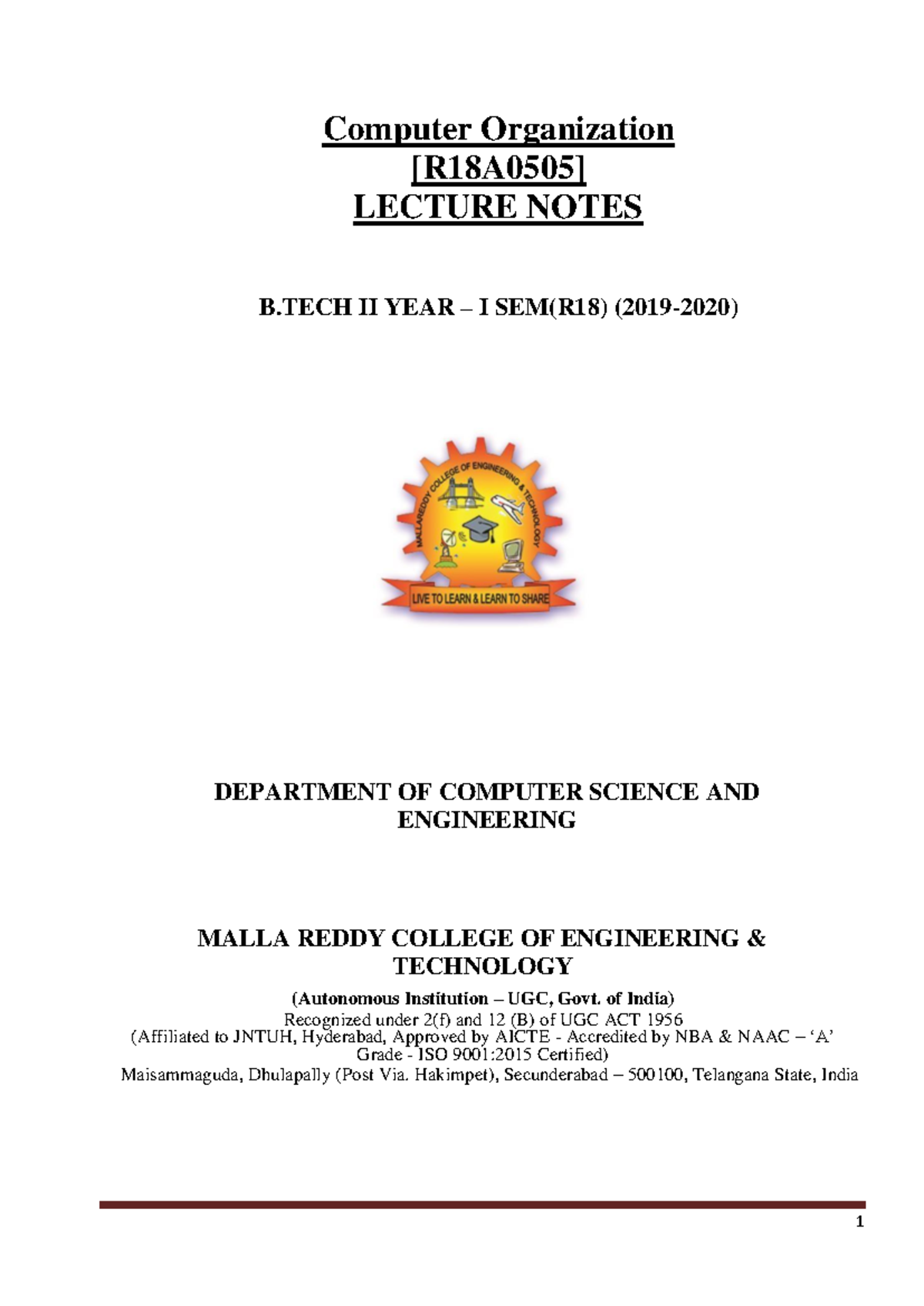 Computer Organization Notes - Computer Organization [R18A0505] LECTURE ...