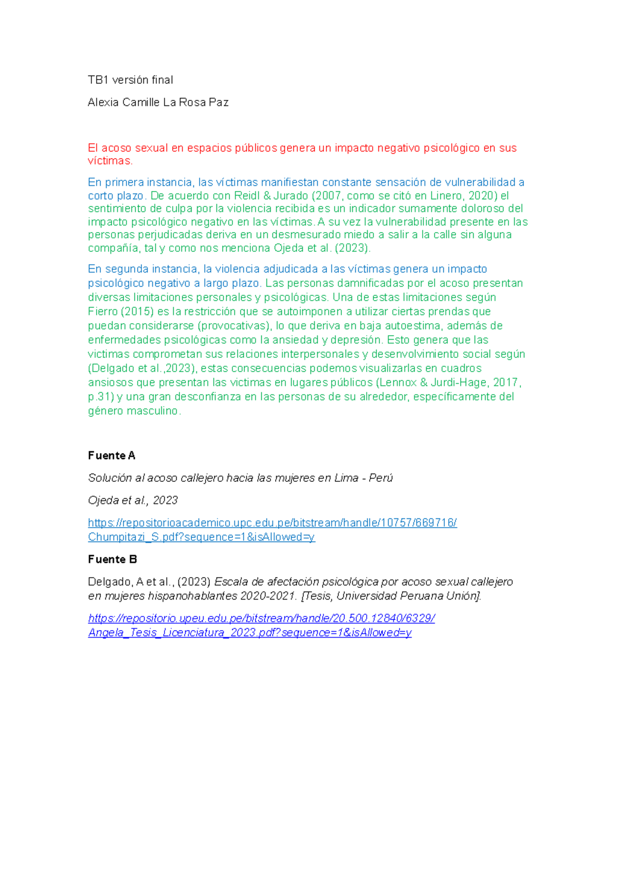 TB1 versión final - TB1 versión final Alexia Camille La Rosa Paz El acoso sexual en espacios ...