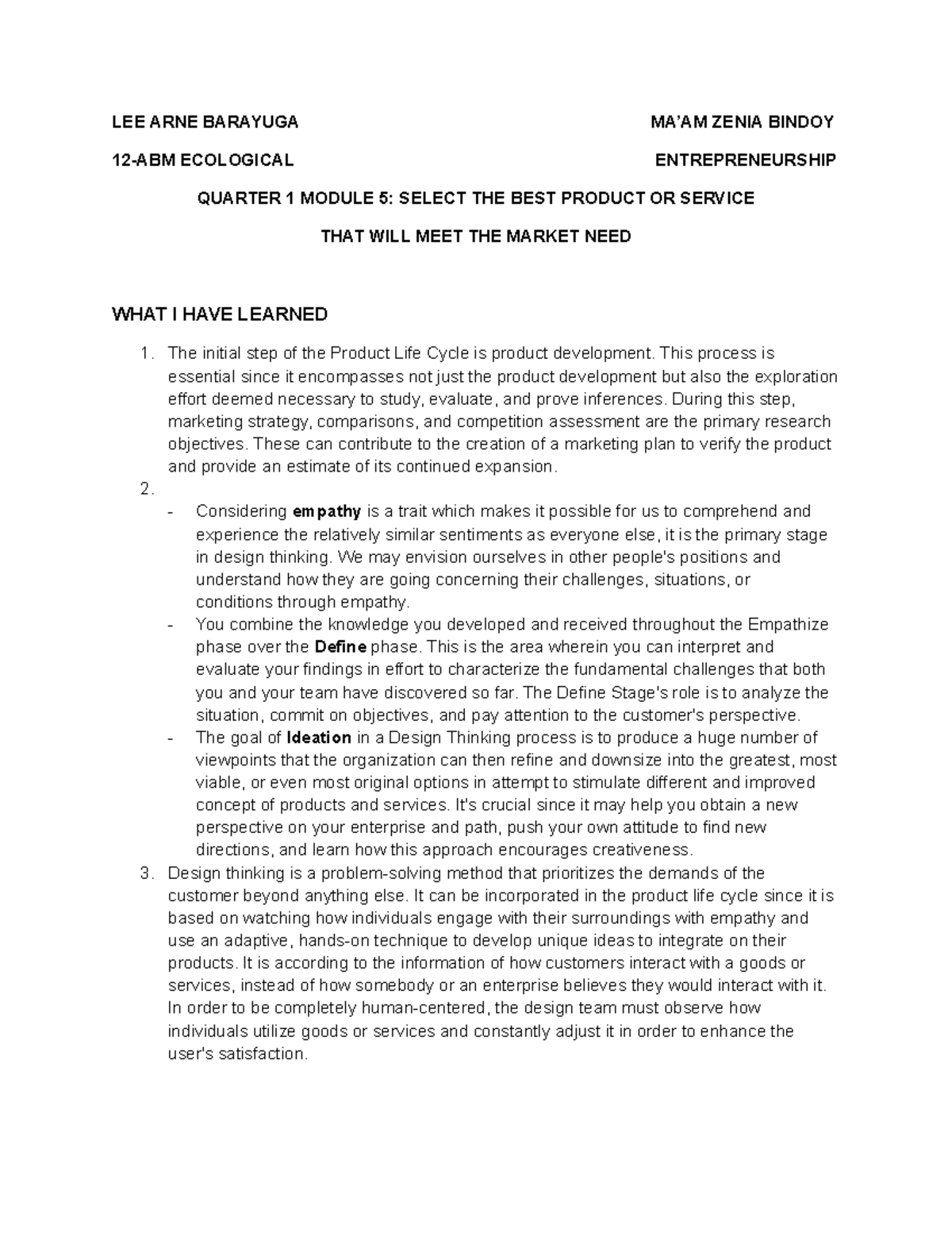 Entrepreneurship Module 5 Selecting THE BEST Product OR Service THAT ...