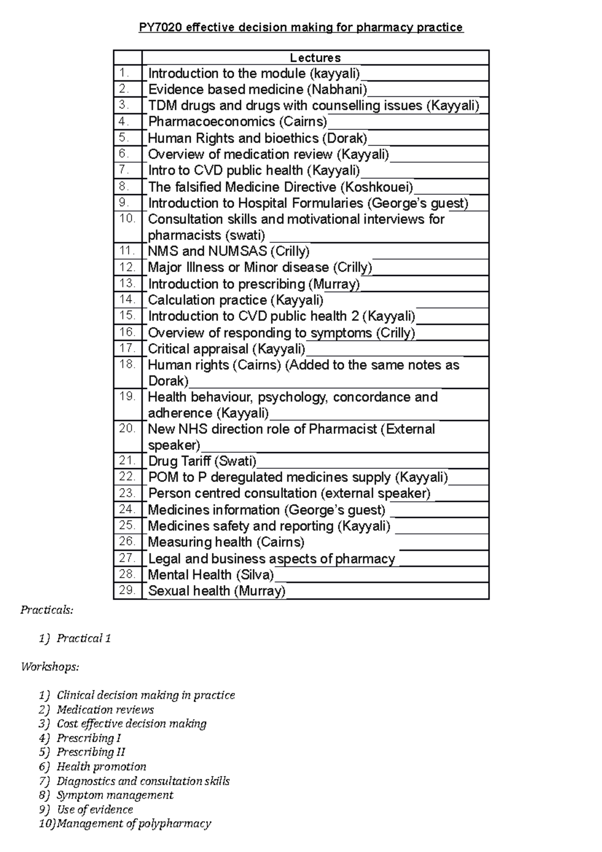 PY7020 Checklist - PY7020 effective decision making for pharmacy ...