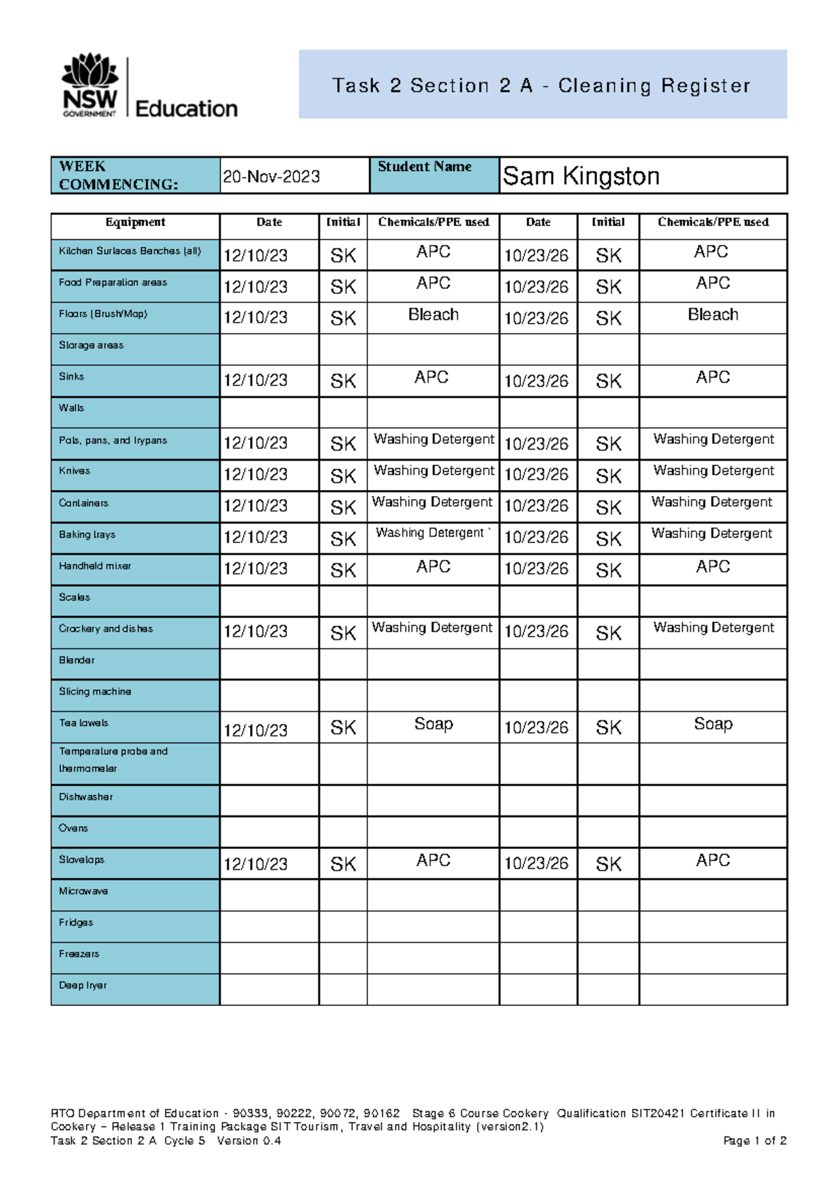Cleaning Register - RTO Department of Education - 90333, 90222, 90072 ...