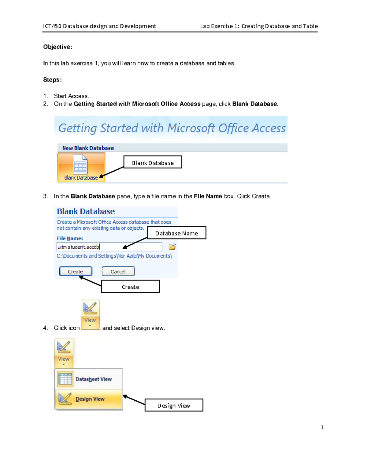 Lab Exercise 1 - Objective: In this lab exercise 1, you will learn how to create a database and ...