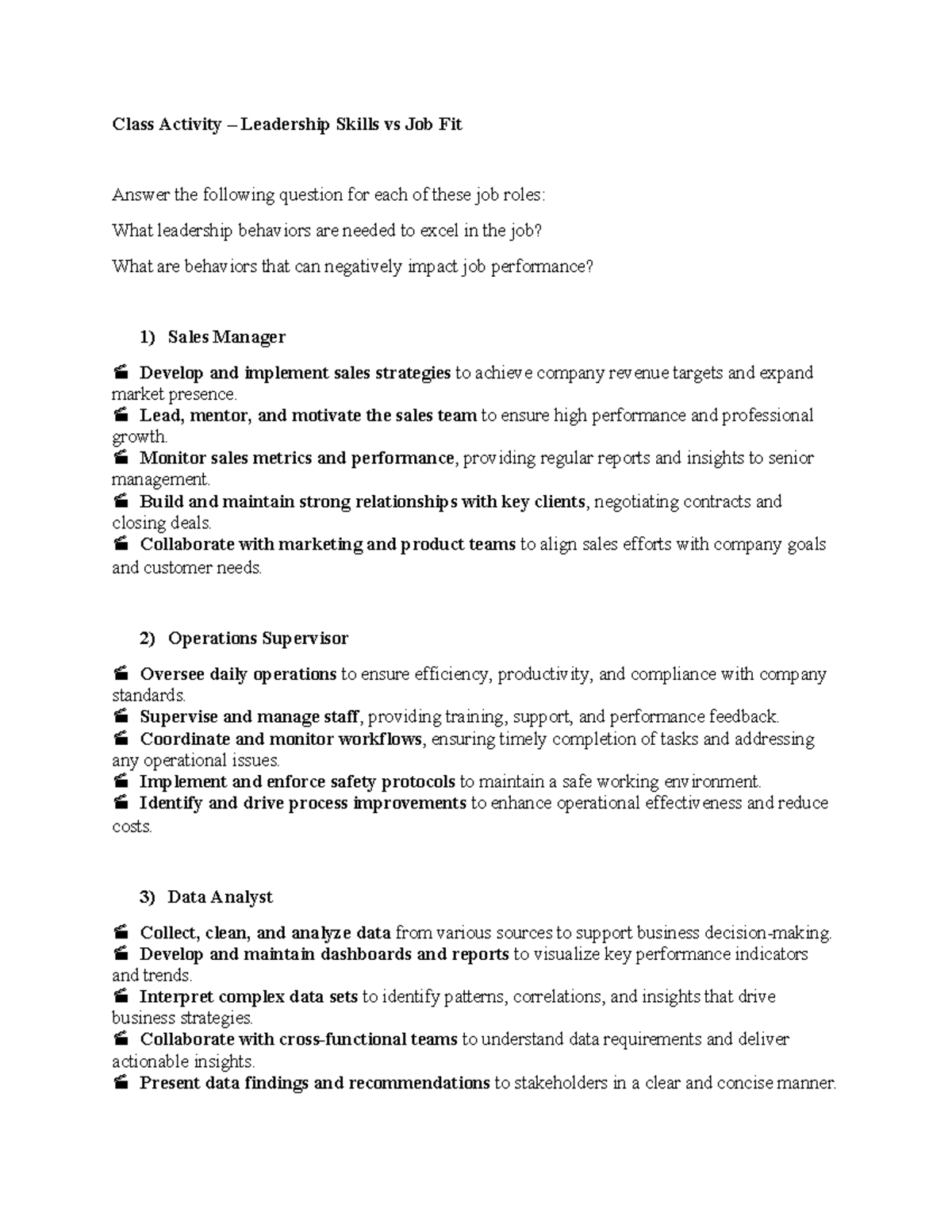 Class Activity - Leadership Behaviors vs Job Fit - Class Activity ...