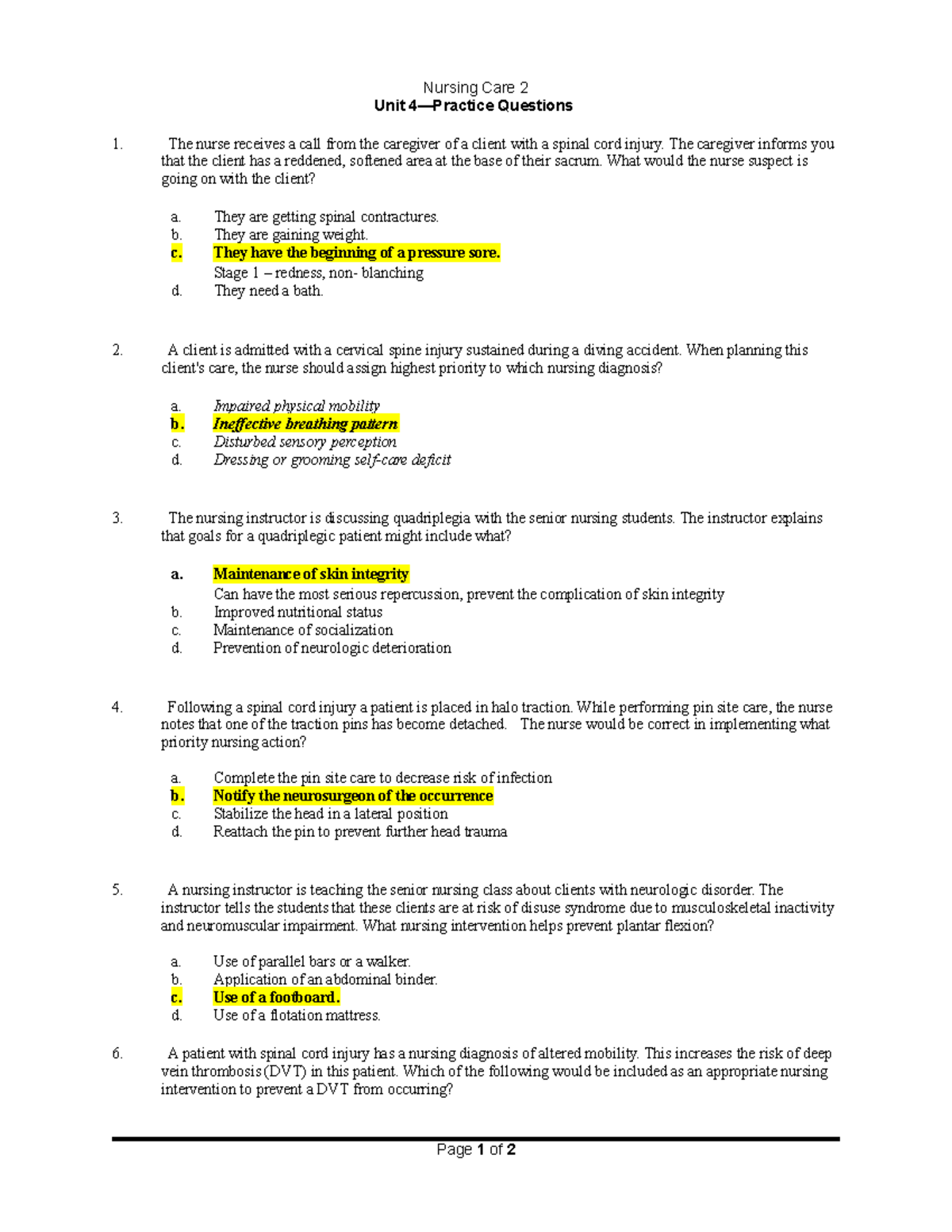 Unit 4- Practice Questions - Nursing Care 2 Unit 4—Practice Questions ... Unit 4- Practice Questions - Nursing Care 2 Unit 4—Practice Questions ...