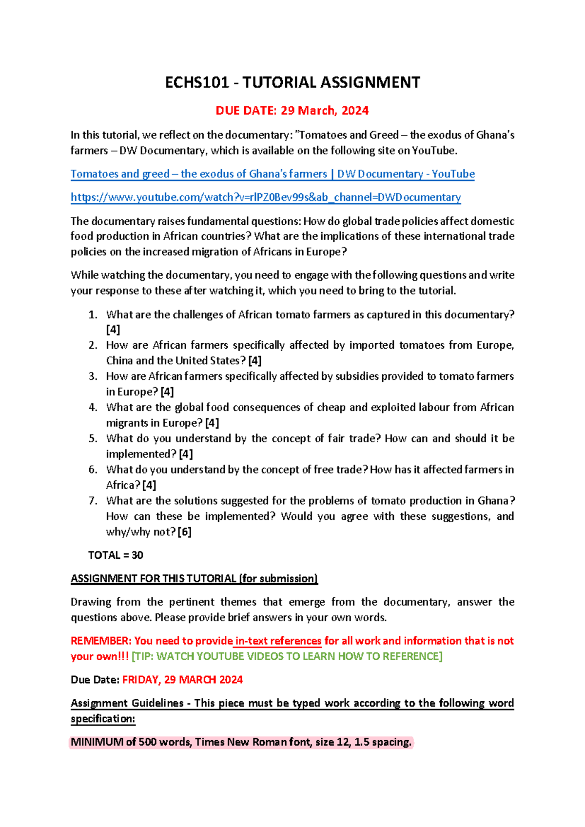 Tutorial 1 Assignment 2024 - ECHS101 - TUTORIAL ASSIGNMENT DUE DATE: 29 ...